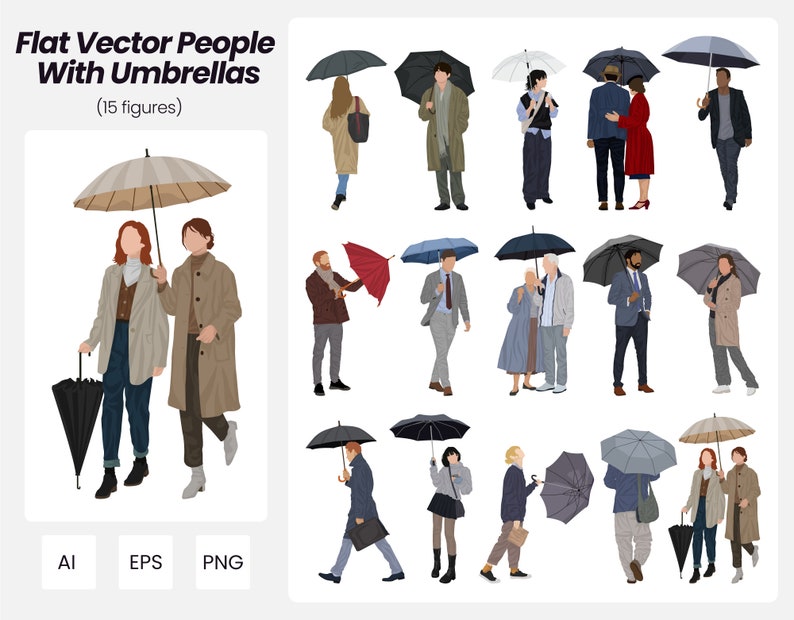 Flat Vector People With Umbrellas | 15 Pack Vector People Illustrations | Instant Download | AI ...
