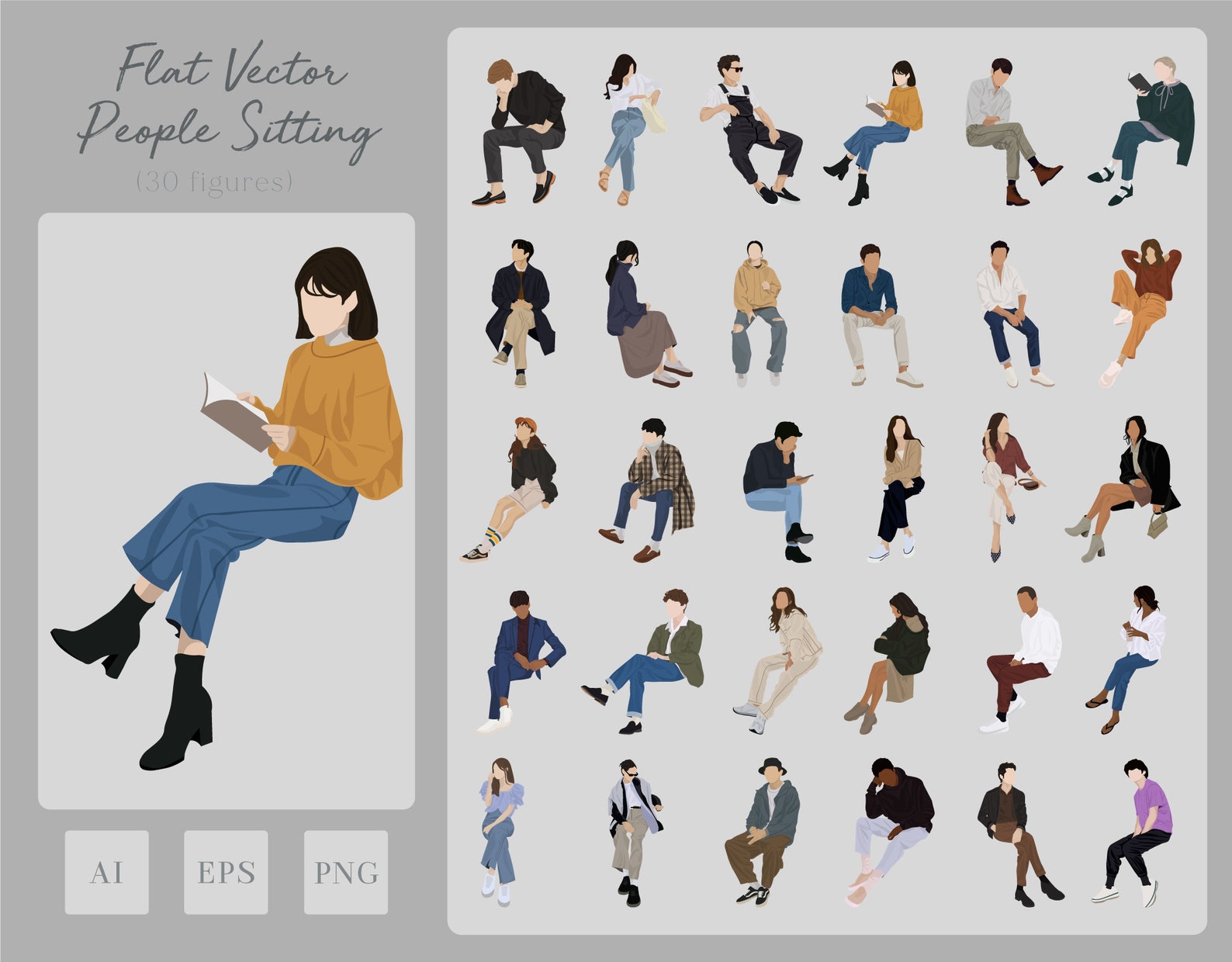 Flat Vector People Sitting 30 Pack Vector People | Etsy