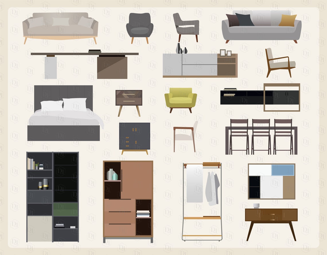 Flat Vector Interior Furniture Pack Front & Side View / 19 - Etsy