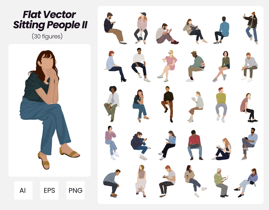 Flat Vector People Sitting Pack 2 | 30 Pack Vector People Illustrations ...