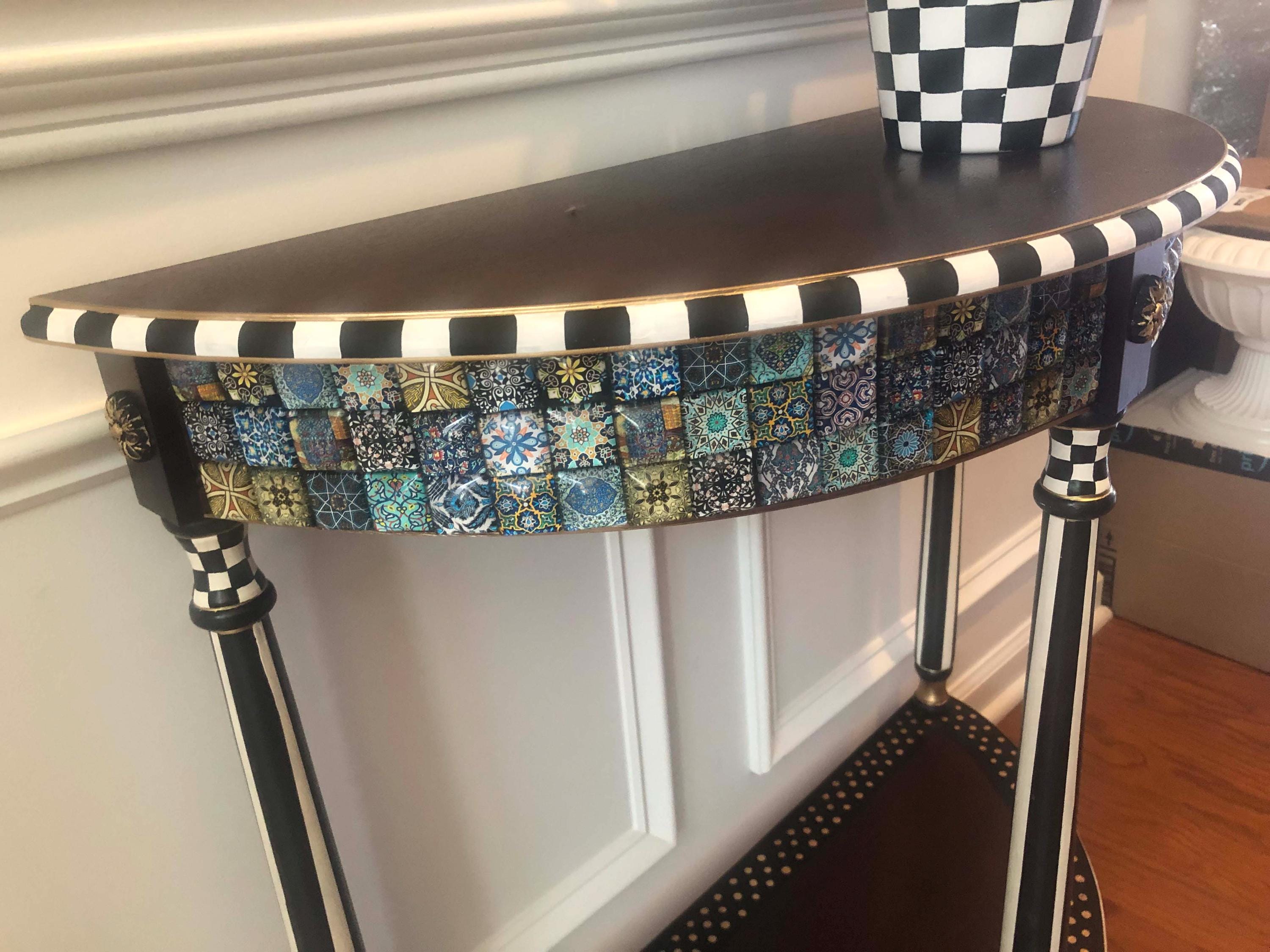 Mosaic Tile Half-moon Demi-lune Table: Hand-painted Black & White ...