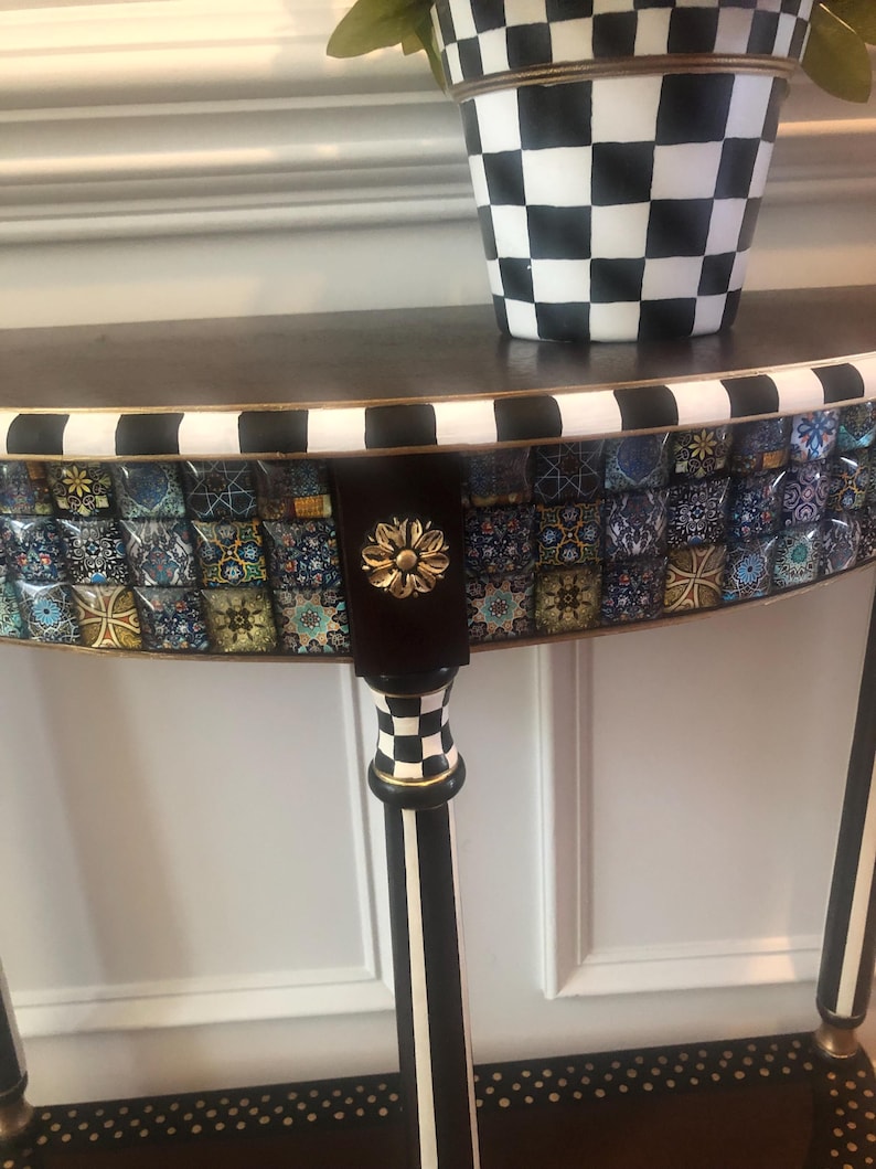 Mosaic Tile Half-moon Demi-lune Table: Hand-painted Black & White ...