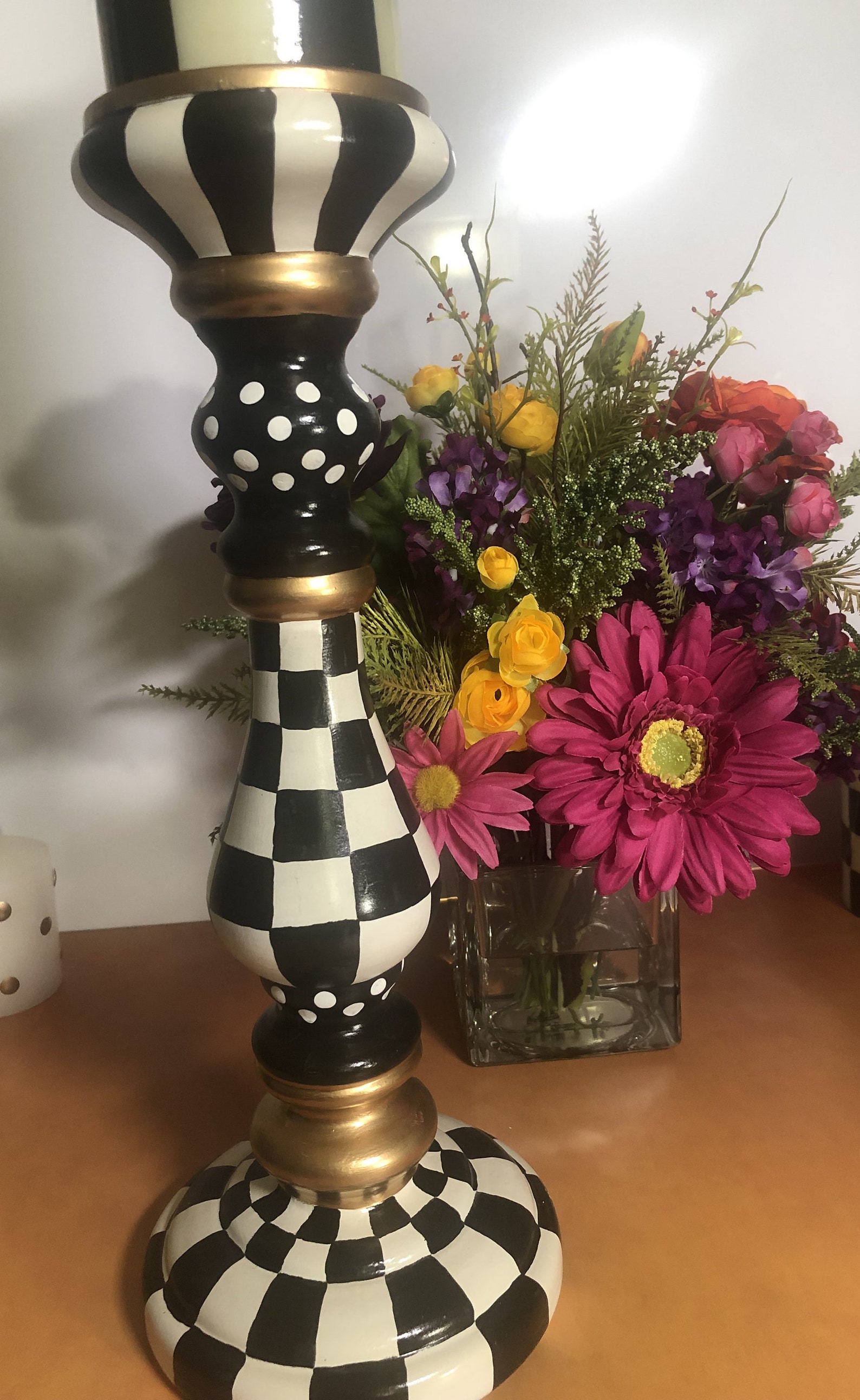 OOAK 14 Tall Candle Holder Hand Painted Black and White Classic Check and Stripe With Gold Trim ...