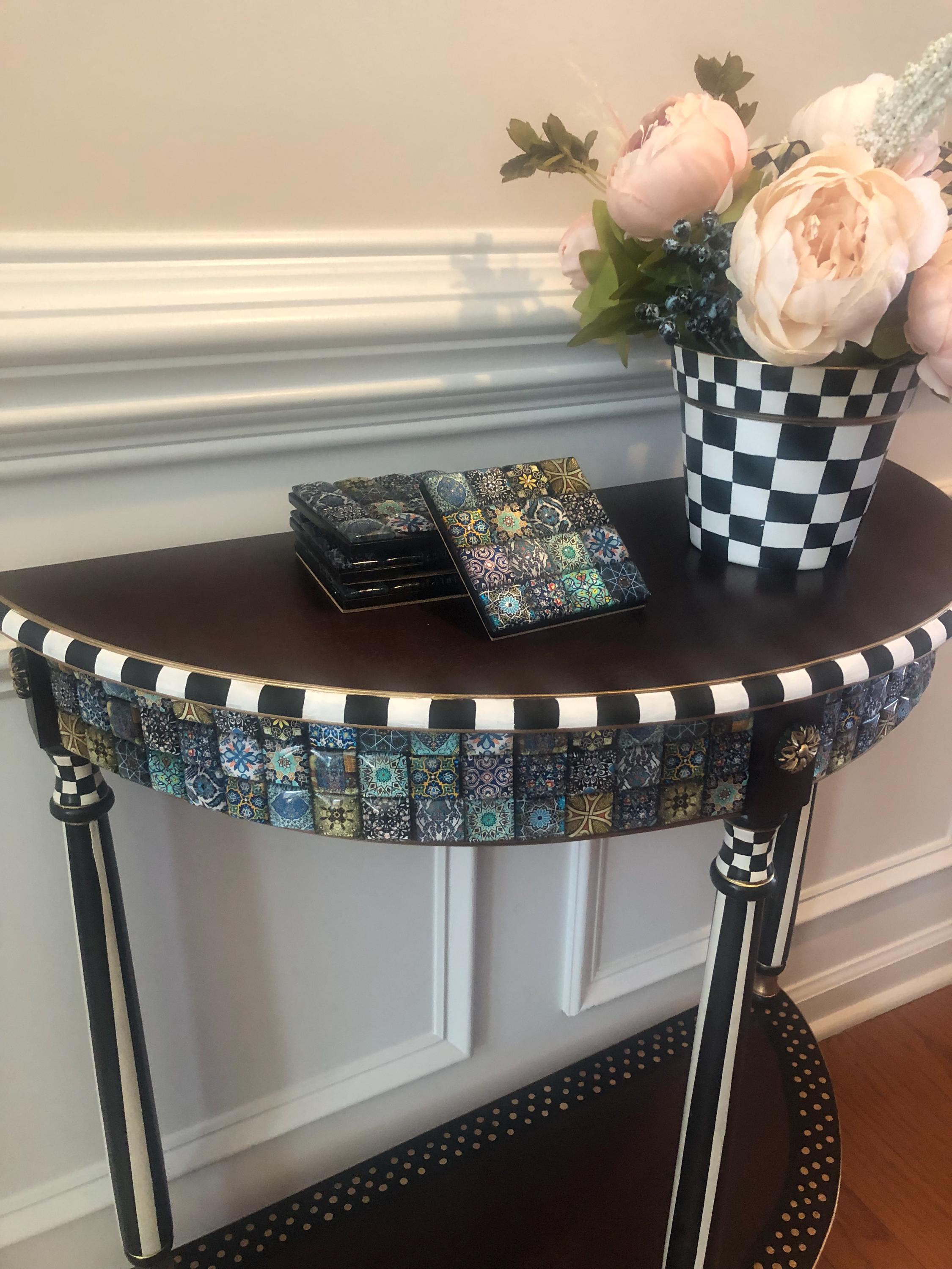 Mosaic Tile Half-moon Demi-lune Table: Hand-painted Black & White ...