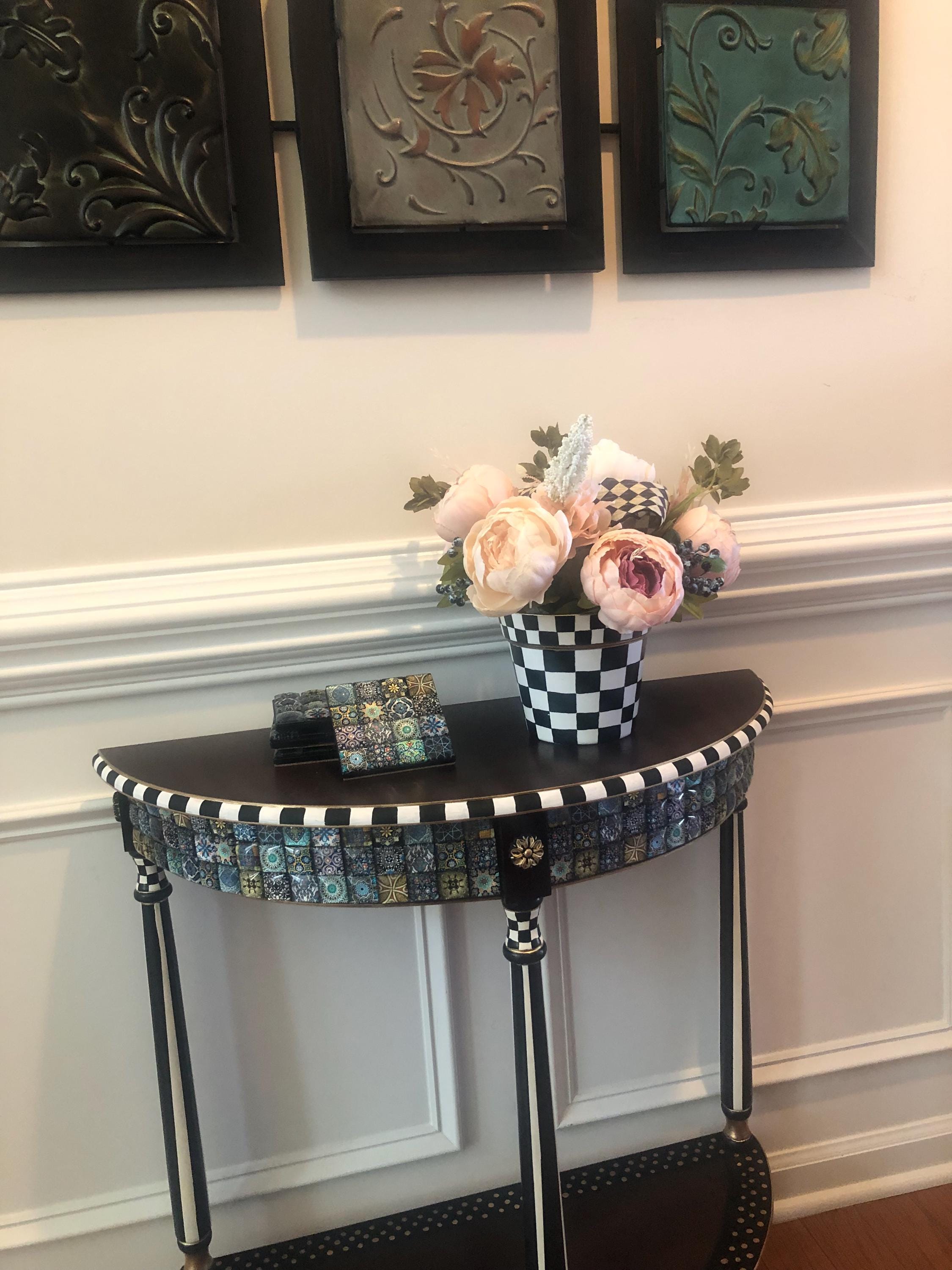 Mosaic Tile Half-moon Demi-lune Table: Hand-painted Black & White ...