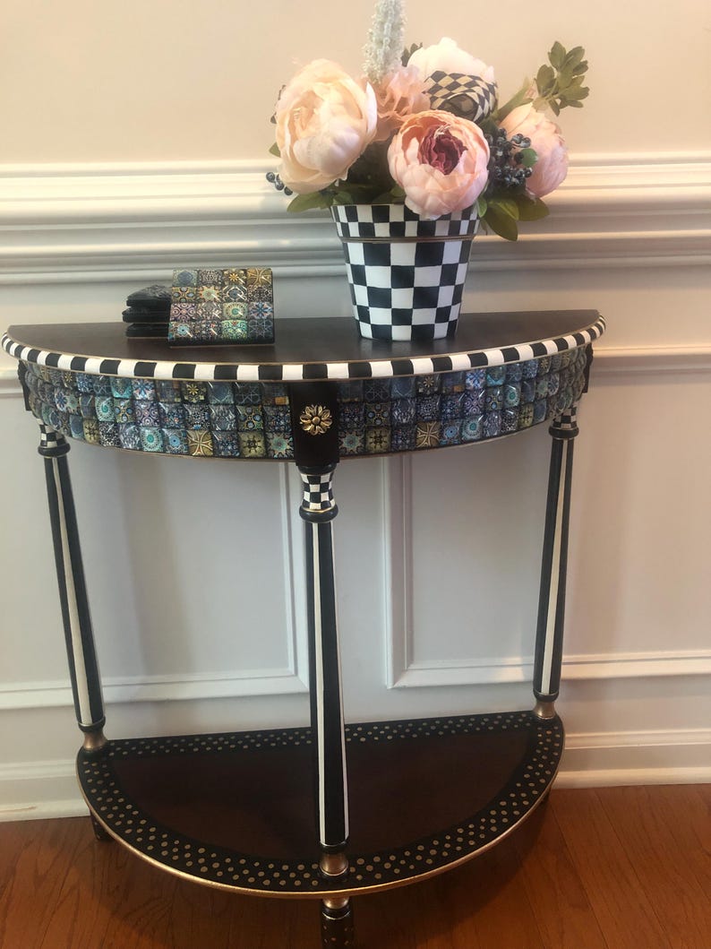 Mosaic Tile Half-moon Demi-lune Table: Hand-painted Black & White ...