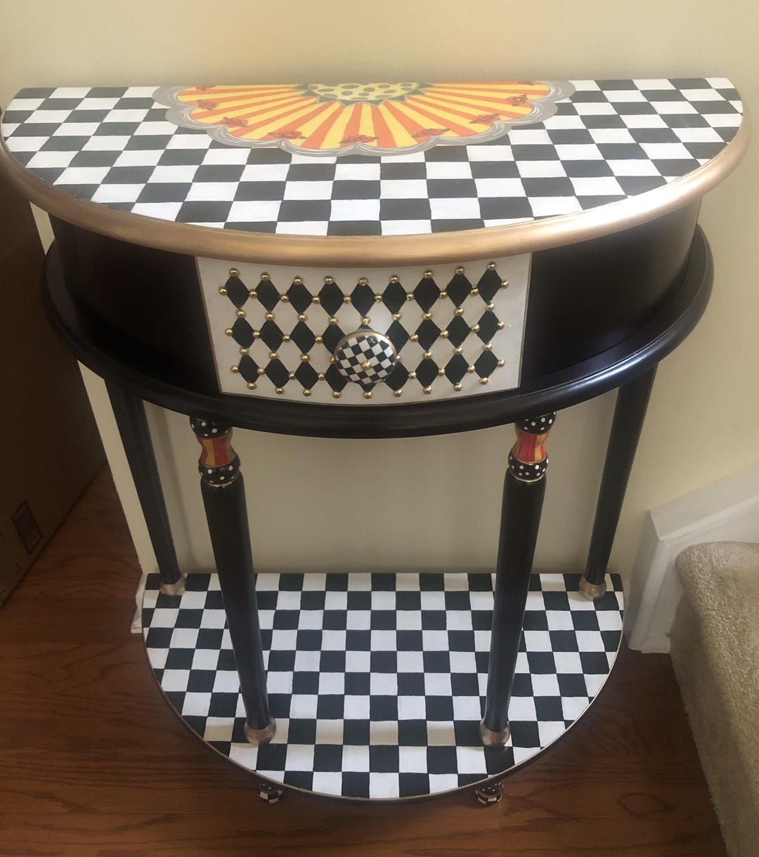 Hand-painted Half-moon Demi-lune Table - Black & White Check Accent ...
