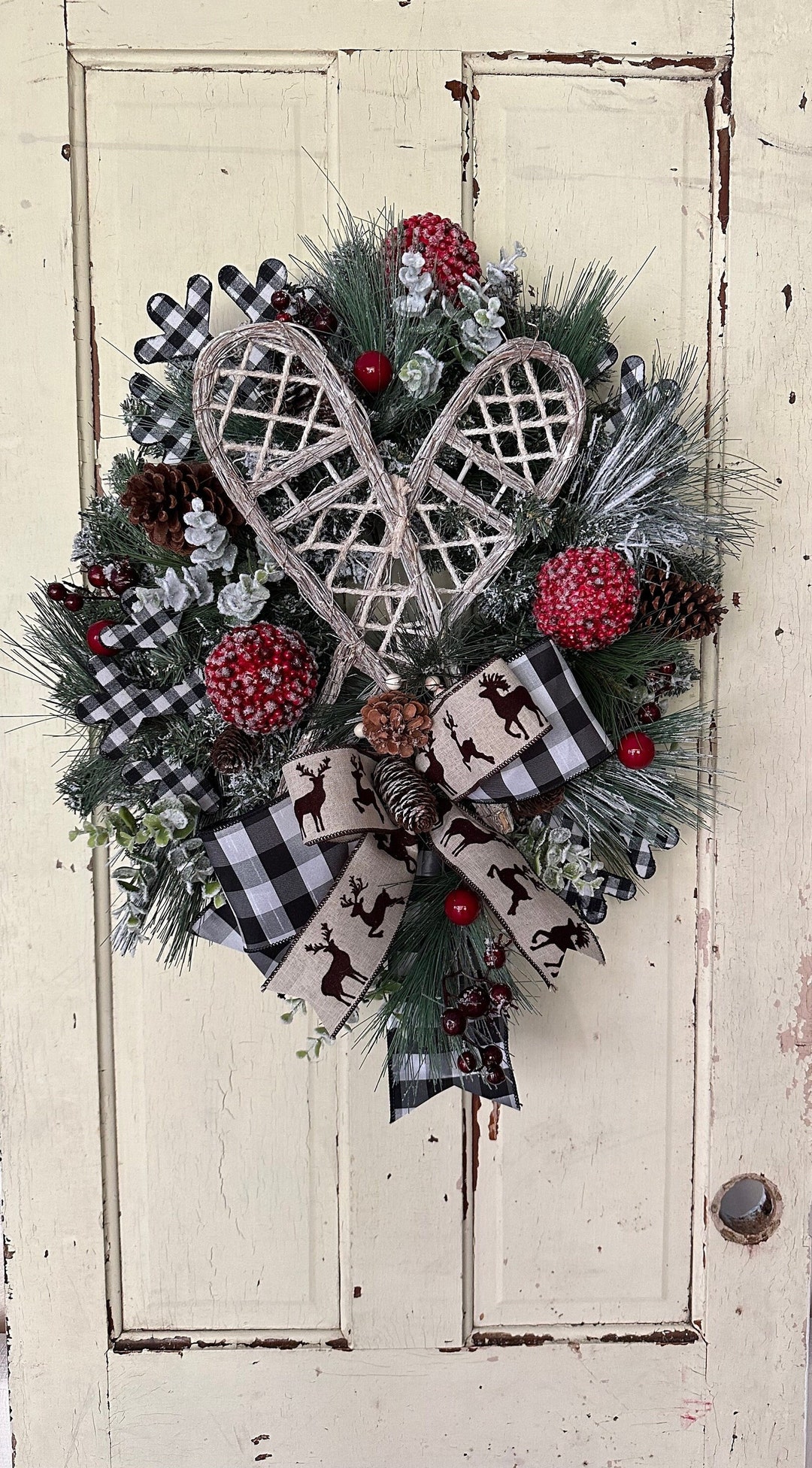 Buffalo Check Winter Rustic Ski Lodge Wreath Décor, Snowy Pine Cabin ...