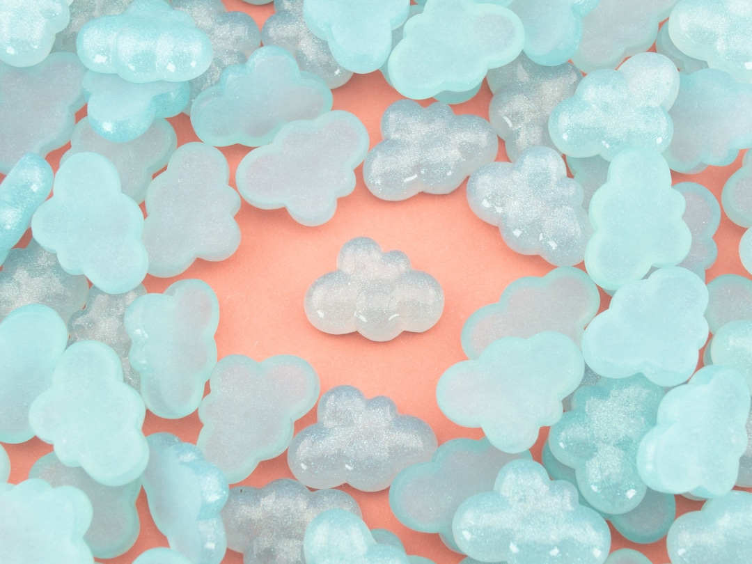 10 Miniature Glittery Blue Cloud Cabochons, 26mm Resin Clouds, Shaker ...