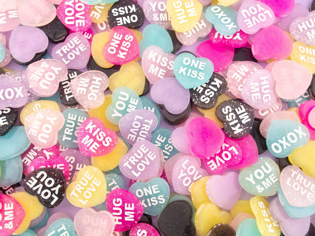 10 Kawaii Glittery Conversation Heart Cabochons, 25mm Resin Cabs ...