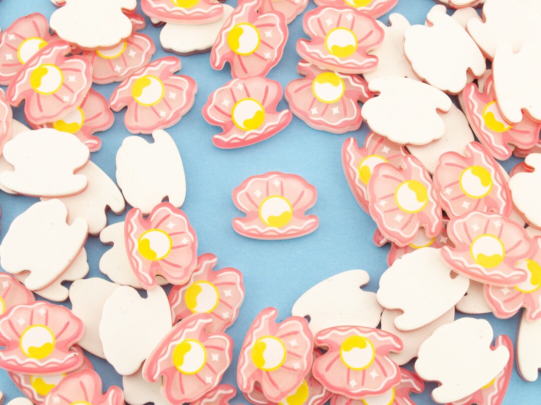 10 Miniature Pink Glittery Clam Shell With Pearl Cabochons, Resin Ocean ...