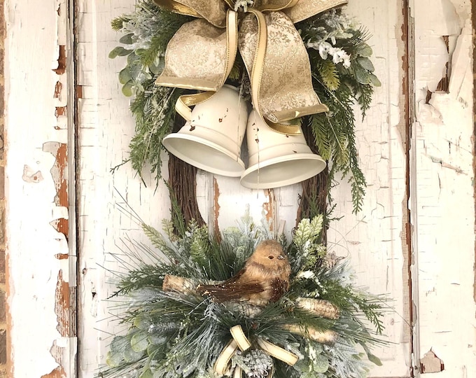 Christmas Wreath With Bells, Farmhouse Christmas Wreath, Rustic Glam ...