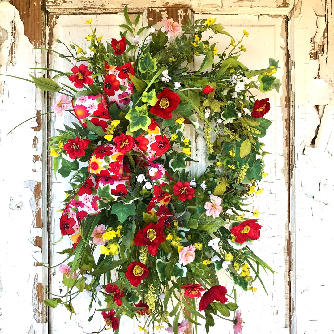 Red Poppies Wreath, Summer Floral Wreath for Front Door, Garden Style ...