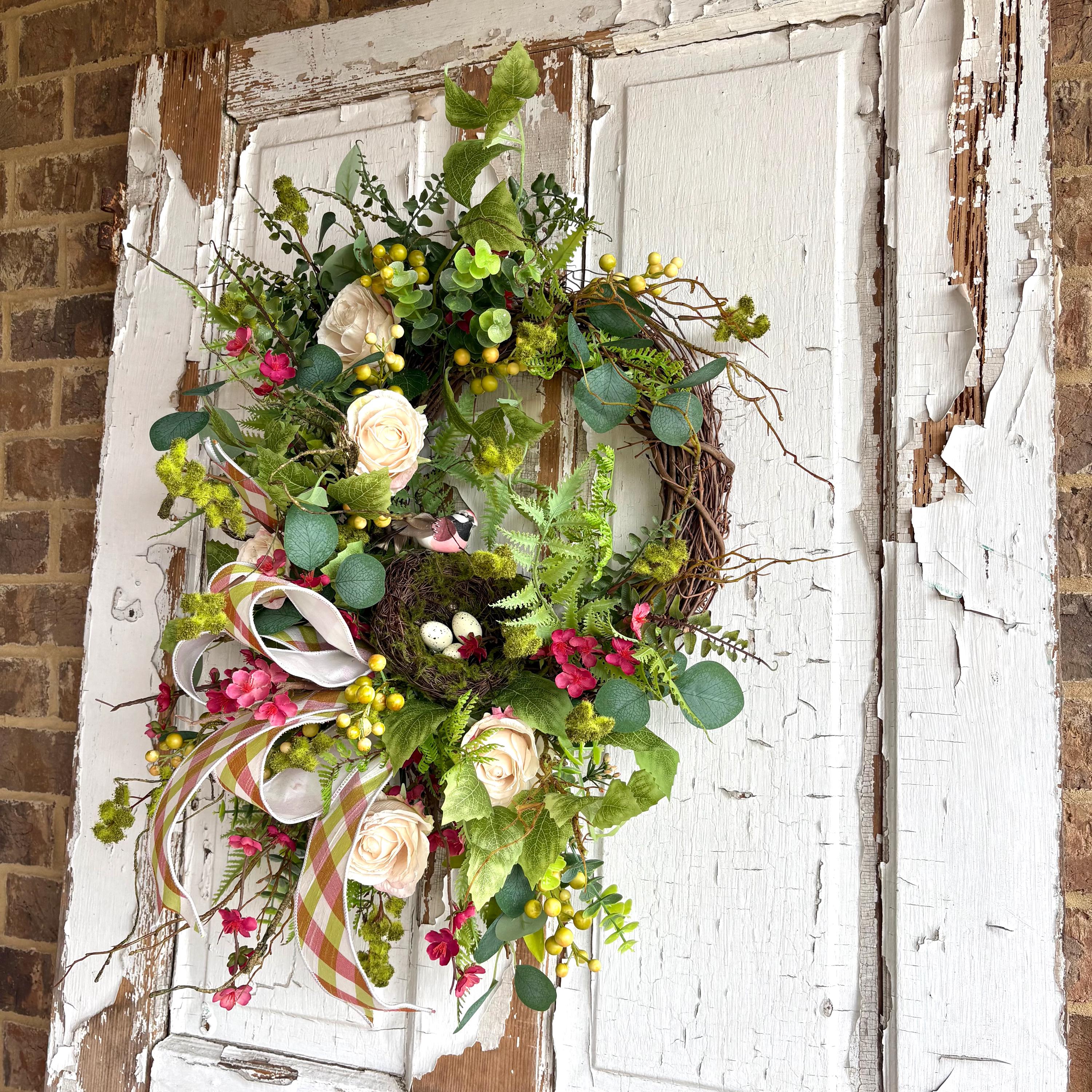 Spring Wreath With Bird Nest, Pink and Green Airy Twiggy Grapevine ...