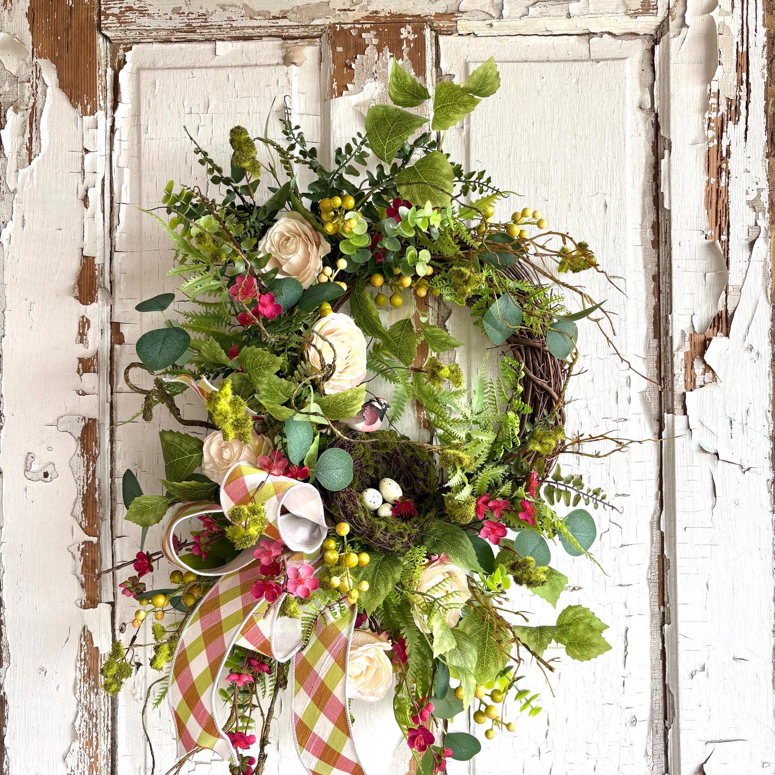 Spring Wreath With Bird Nest, Pink and Green Airy Twiggy Grapevine ...