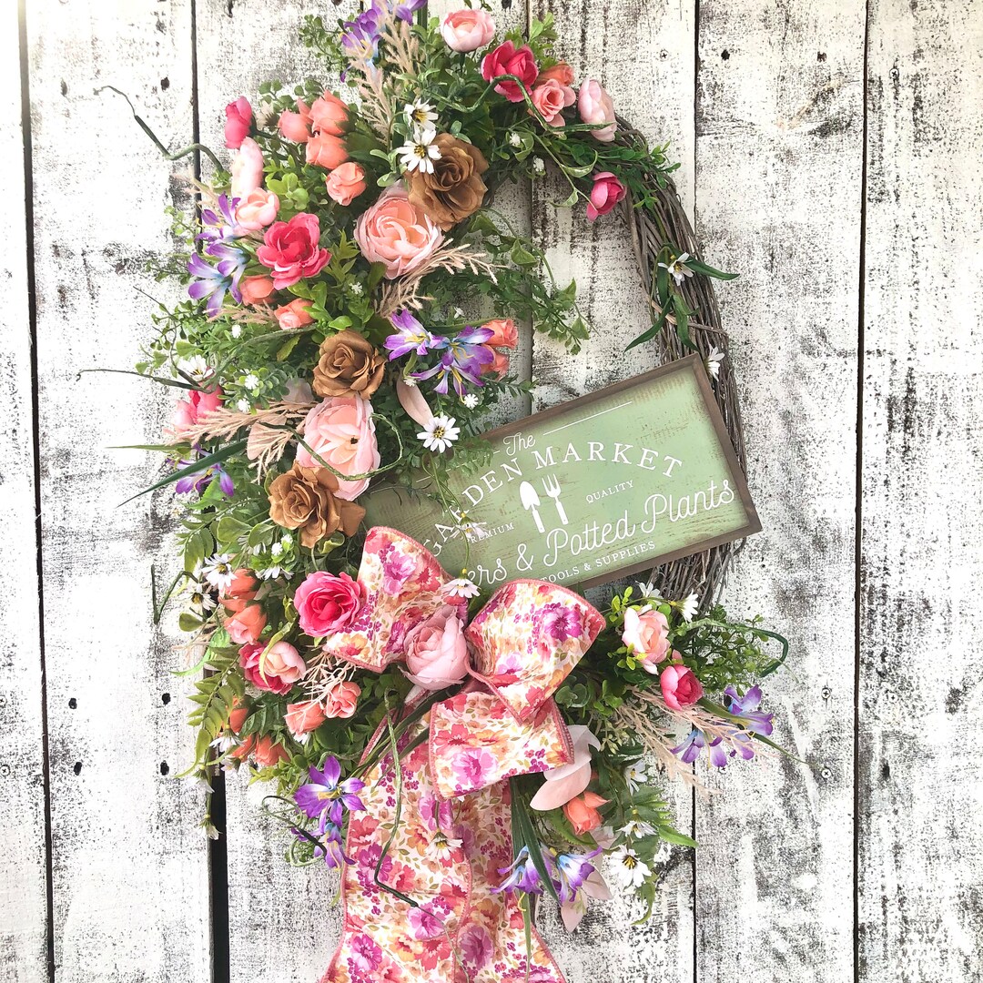 Colorful Spring Wreath for Front Door, Garden Wreath for Front Door ...