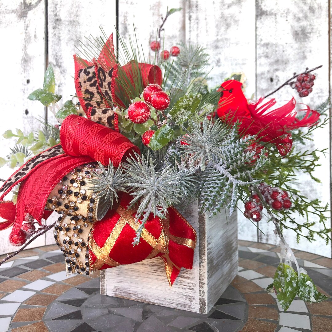 Christmas Arrangement With Cardinal, Centerpiece Red Cardinal, Winter ...