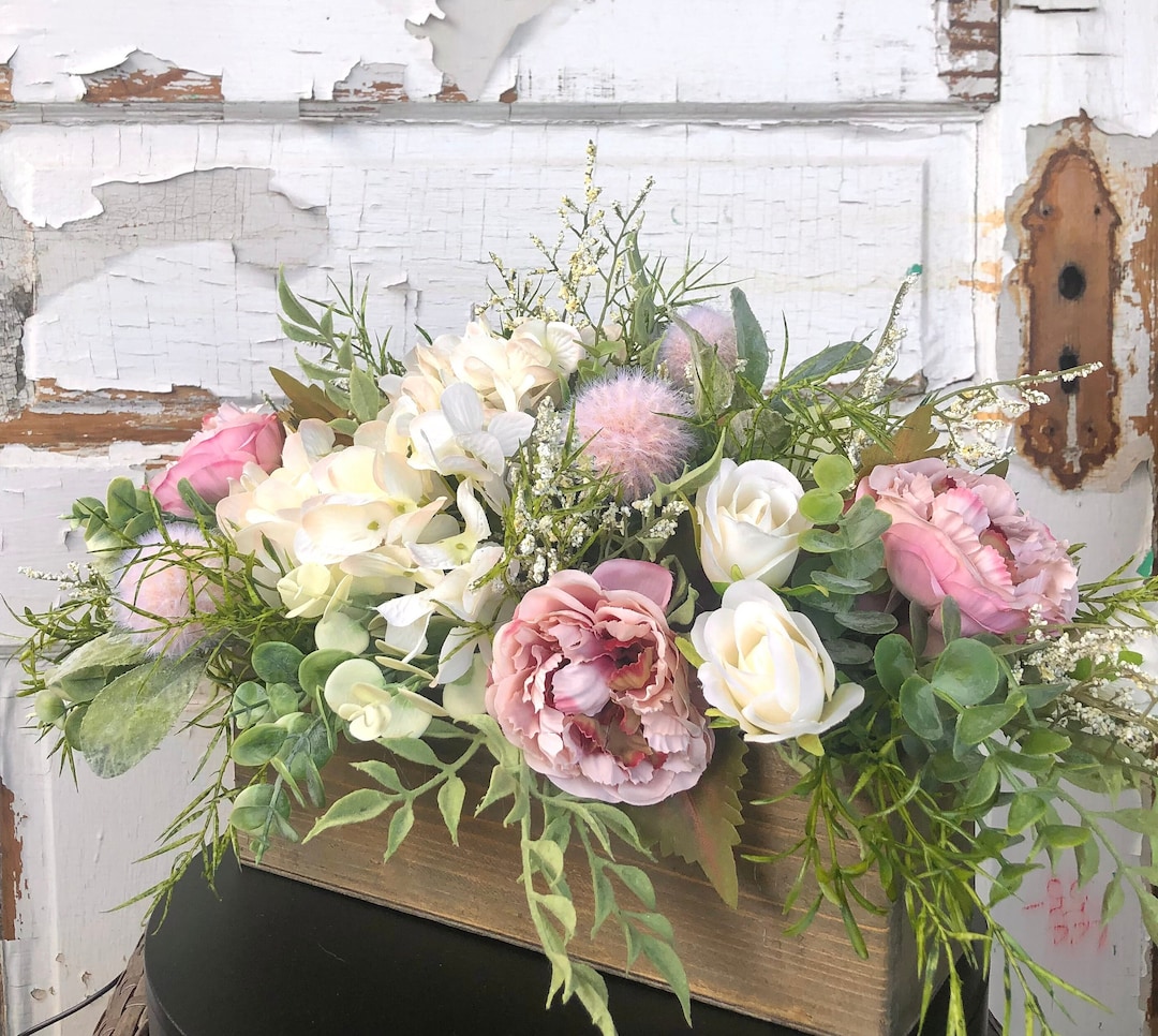 Farmhouse Style Floral Arrangement, Blush Floral Centerpiece, Table ...