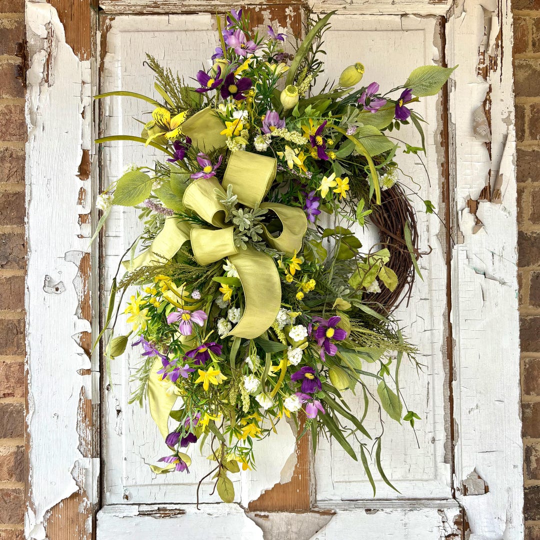 Front Door Summer Wreath, Airy Summer Wreath, Purple Yellow Wreath ...
