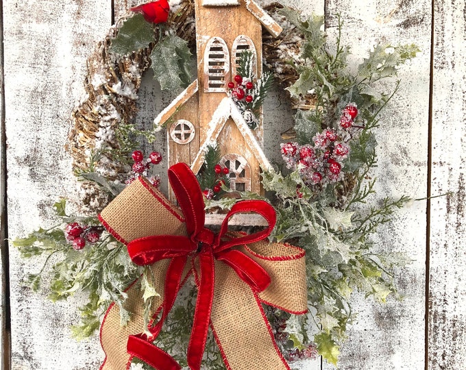 Christmas Wreath With Lighted Church, Church Wreath, Religious ...