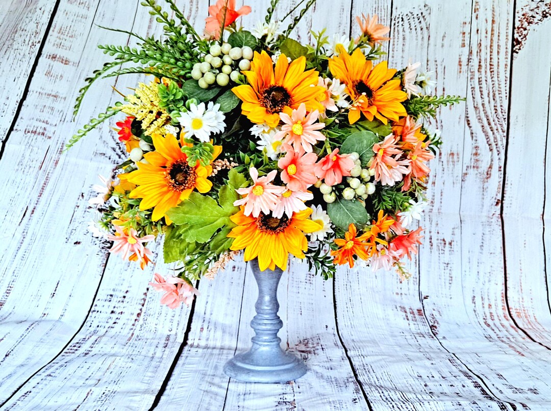 Artificial Sunflower Centerpiece | Rustic Gray Wooden Stand, Fall Decor ...