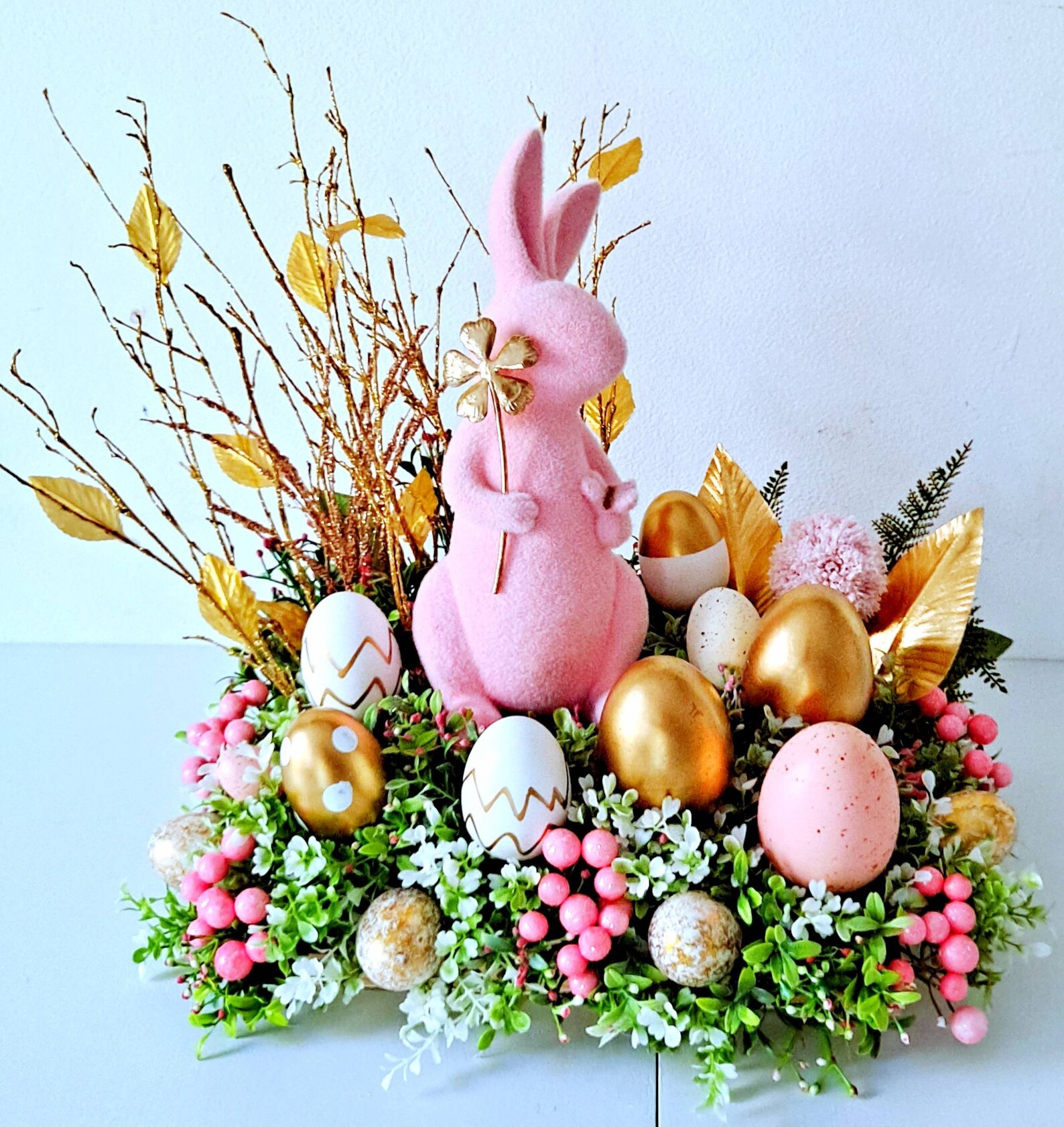 Pink Moss Bunny Easter Centerpiece With Golden Eggs \ Unique Easter ...
