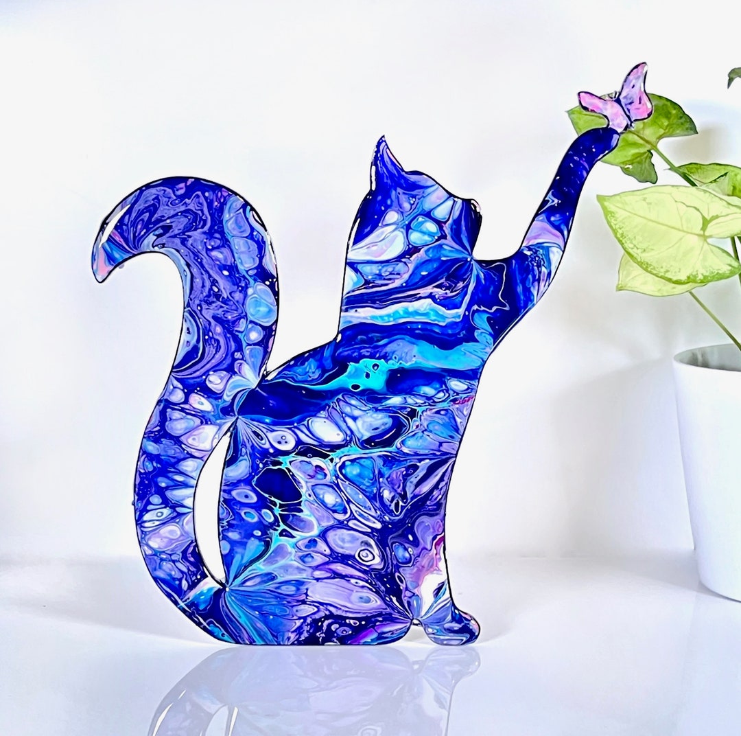 Blue Cat Painting, Cat Sculpture, Handmade Cat Art, Gift for Cart Lover ...