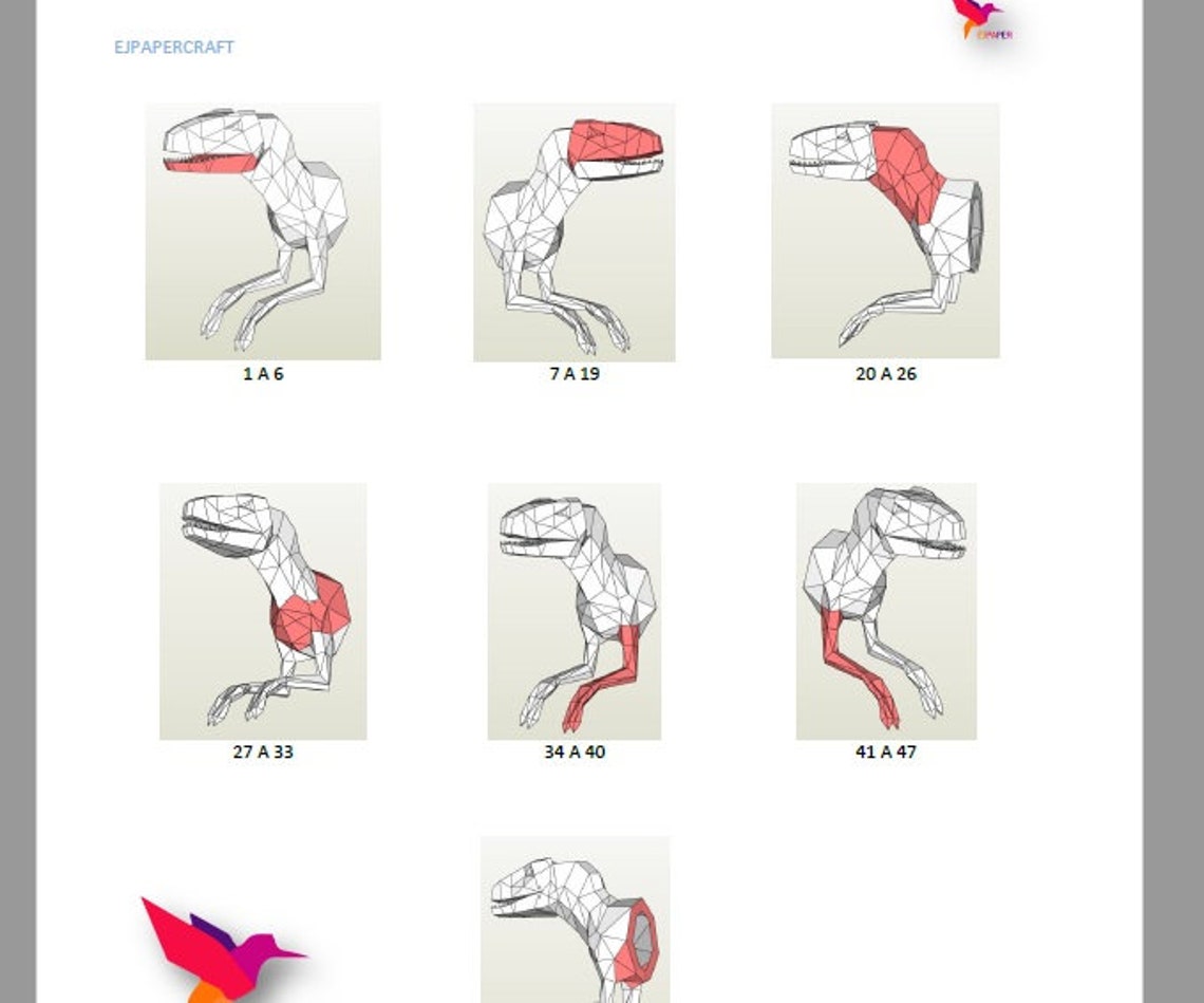 Velociraptor Flat Templates Dinosaur 3D Papercraft Low Poly Papercraft ...