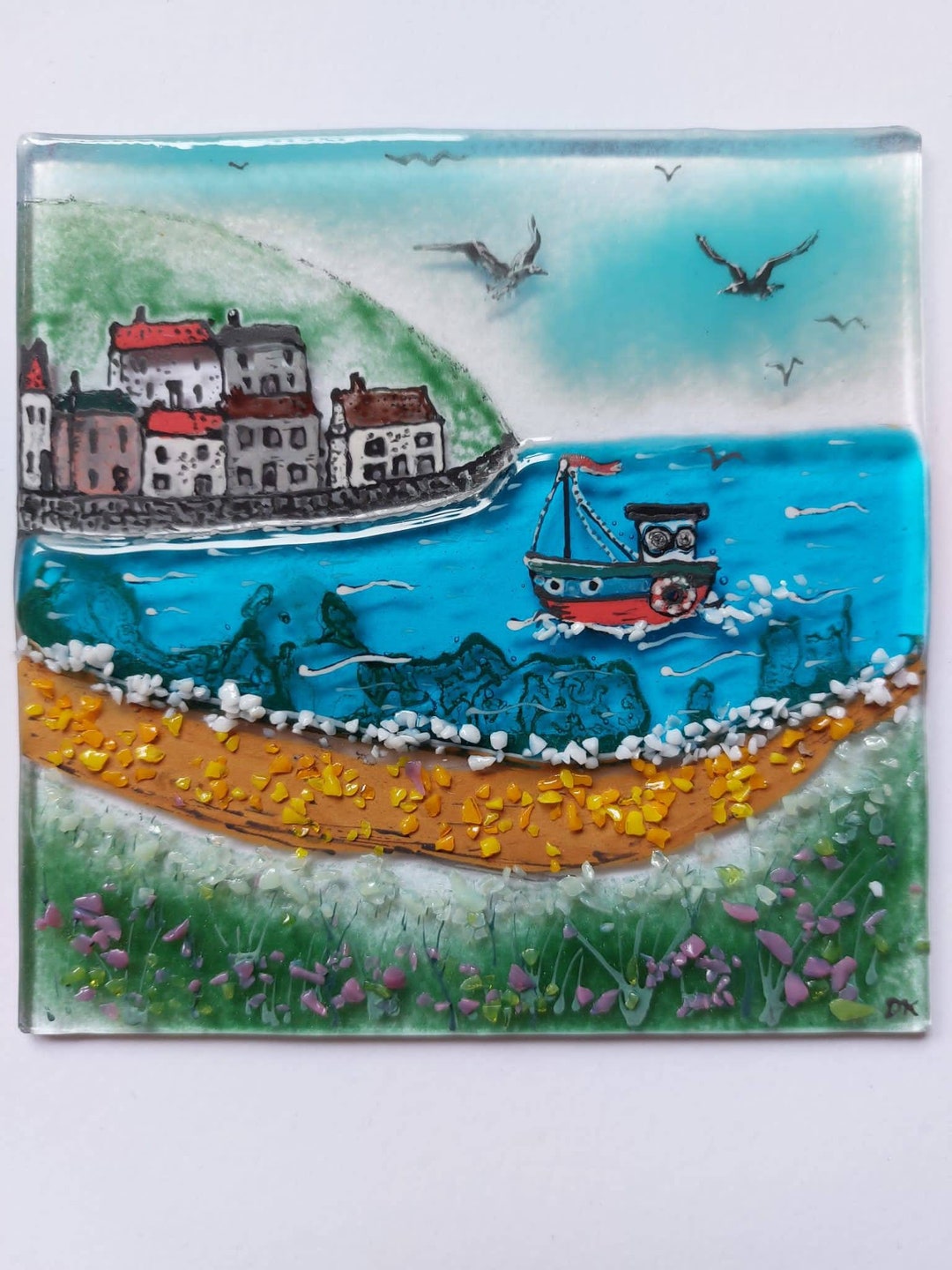 A Cornish Dream, Framed Fused Glass Art Panel. Boat, Seaside, Harbour ...