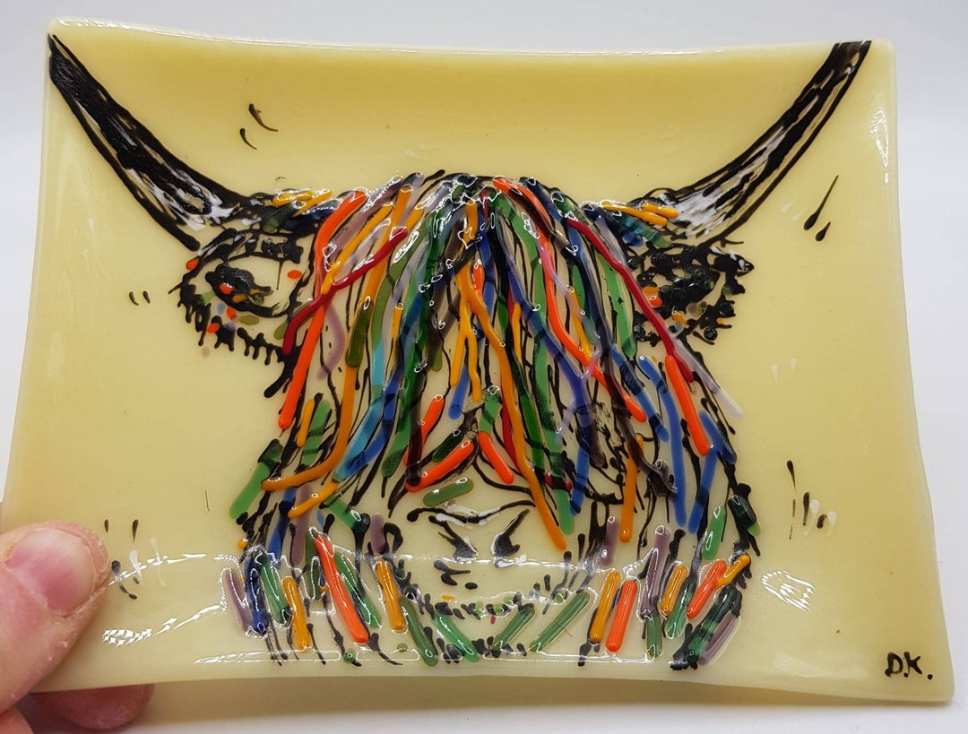 Angus the Highland Cow, Fused Glass Art Trinket/ Soap Dish. Glass Art ...