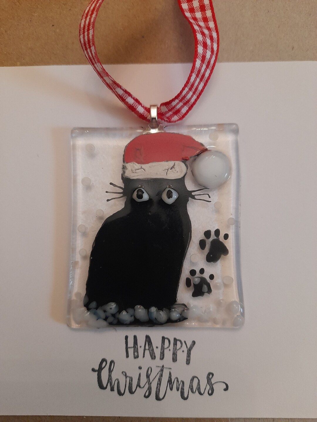 Fused Glass Art Christmas Santa Cat Keep Sake, Christmas Card. Red ...