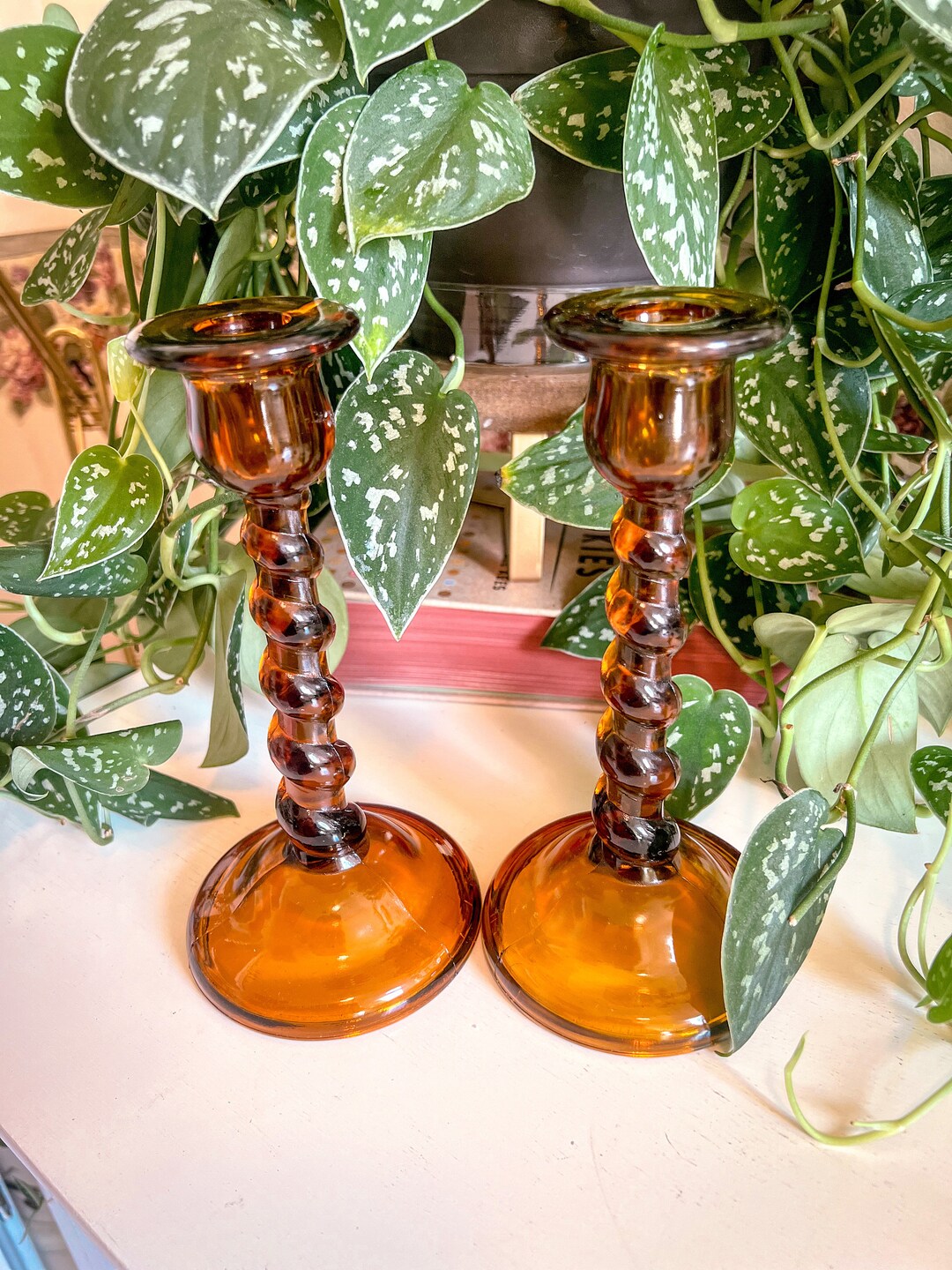 Pair of Twist Stem Amber Glass Candlesticks - Etsy