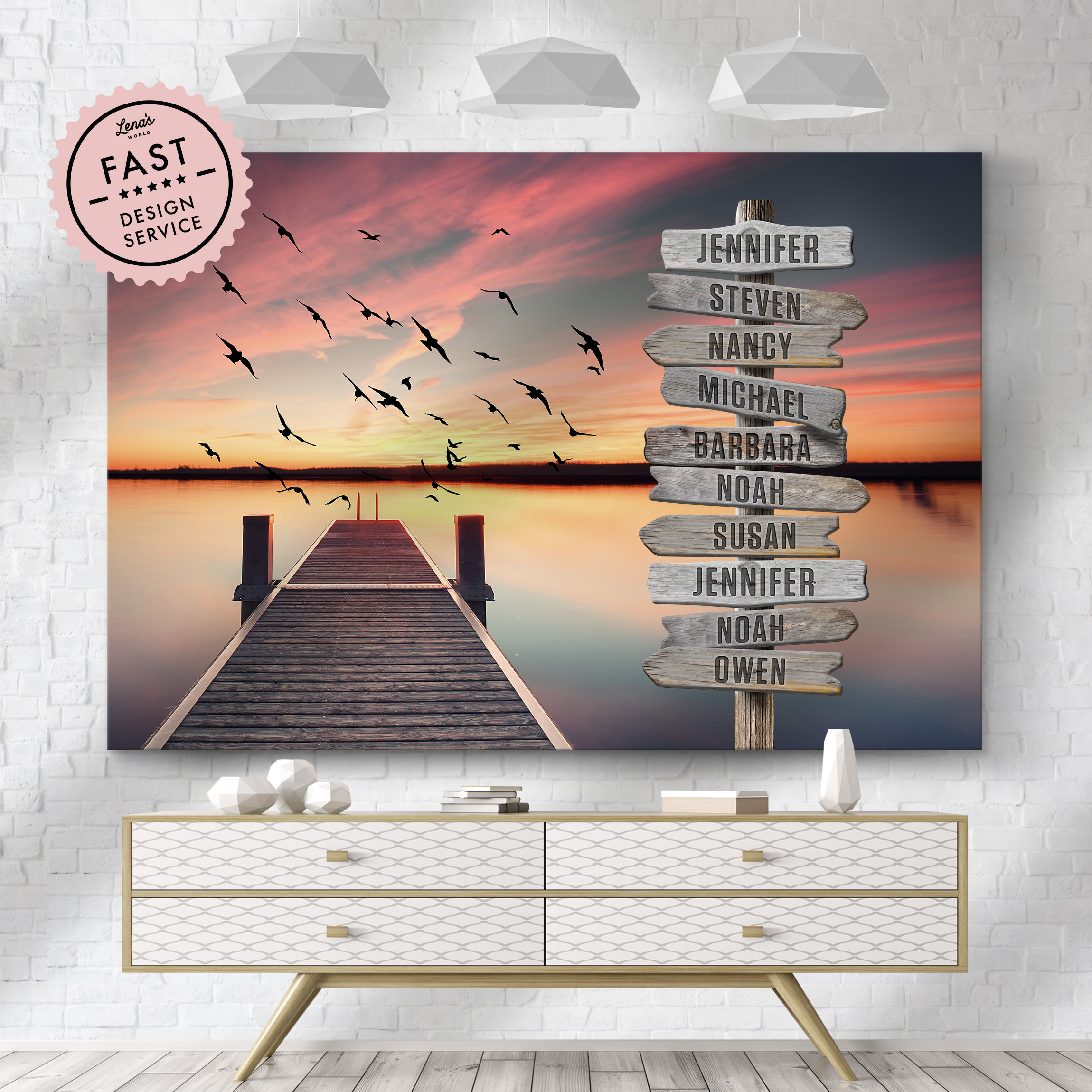 Lake Dock Sunset Canvas With Names, Premium Framed Wall Art, Family ...