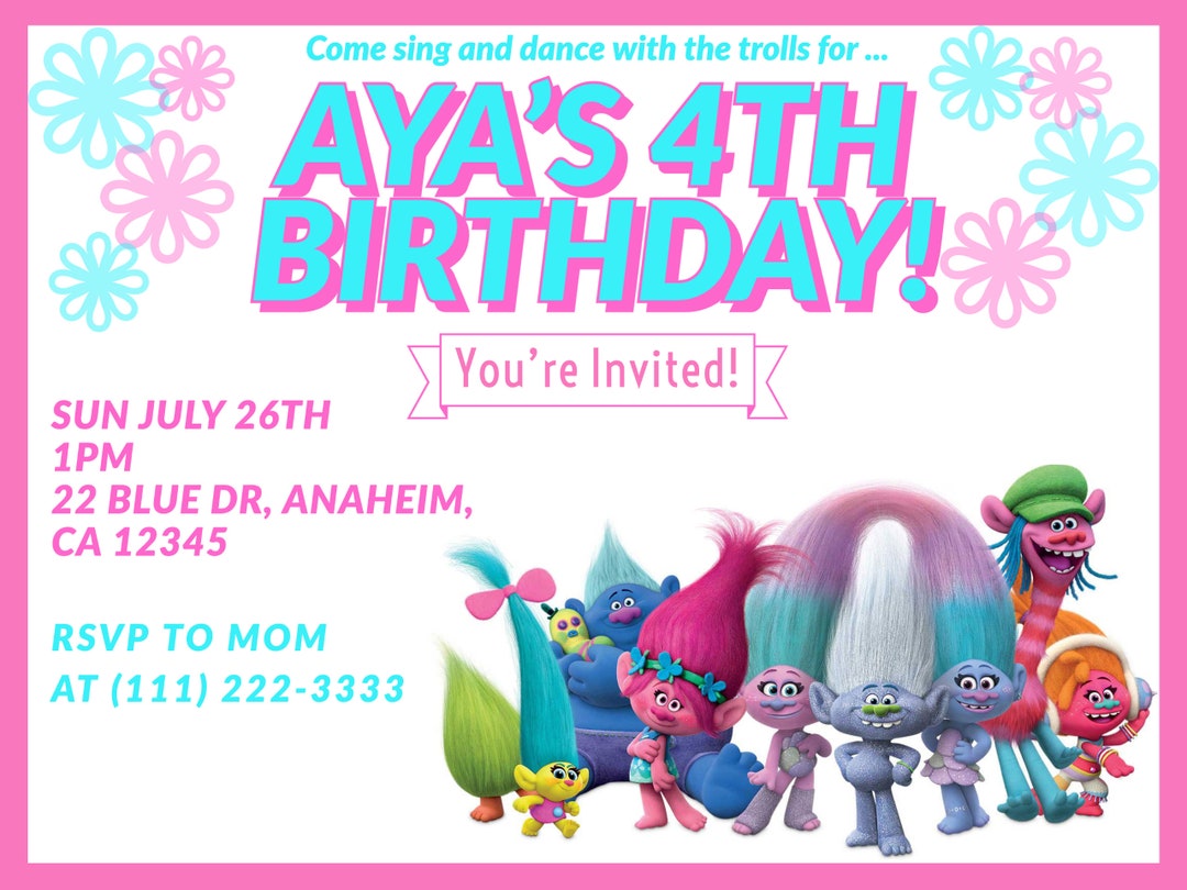 Trolls Kids Digital Birthday Invitation - Etsy