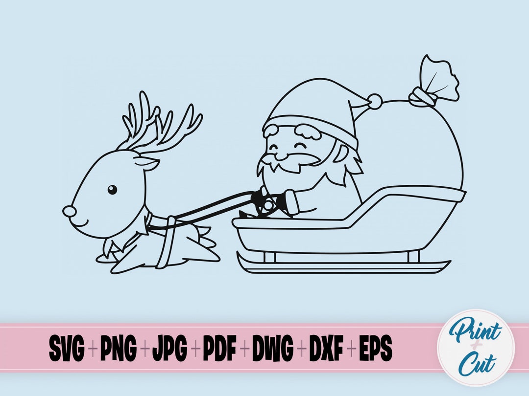 Santa With Reindeer Line Art Print & Cut File, Vector Clipart ...