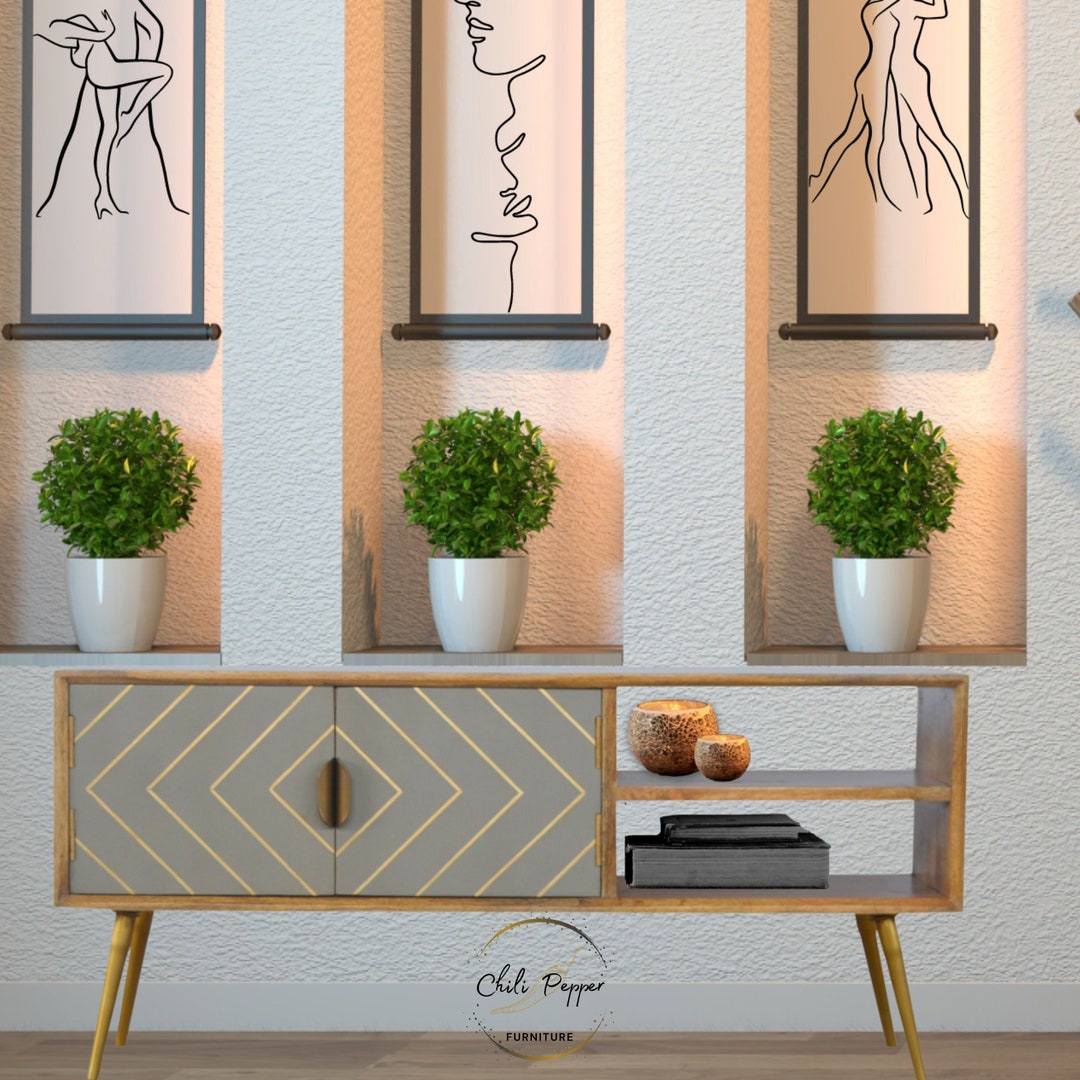 Tv Stand Cement Brass Inlay Media Unit Tv Unit Wood Tv - Etsy