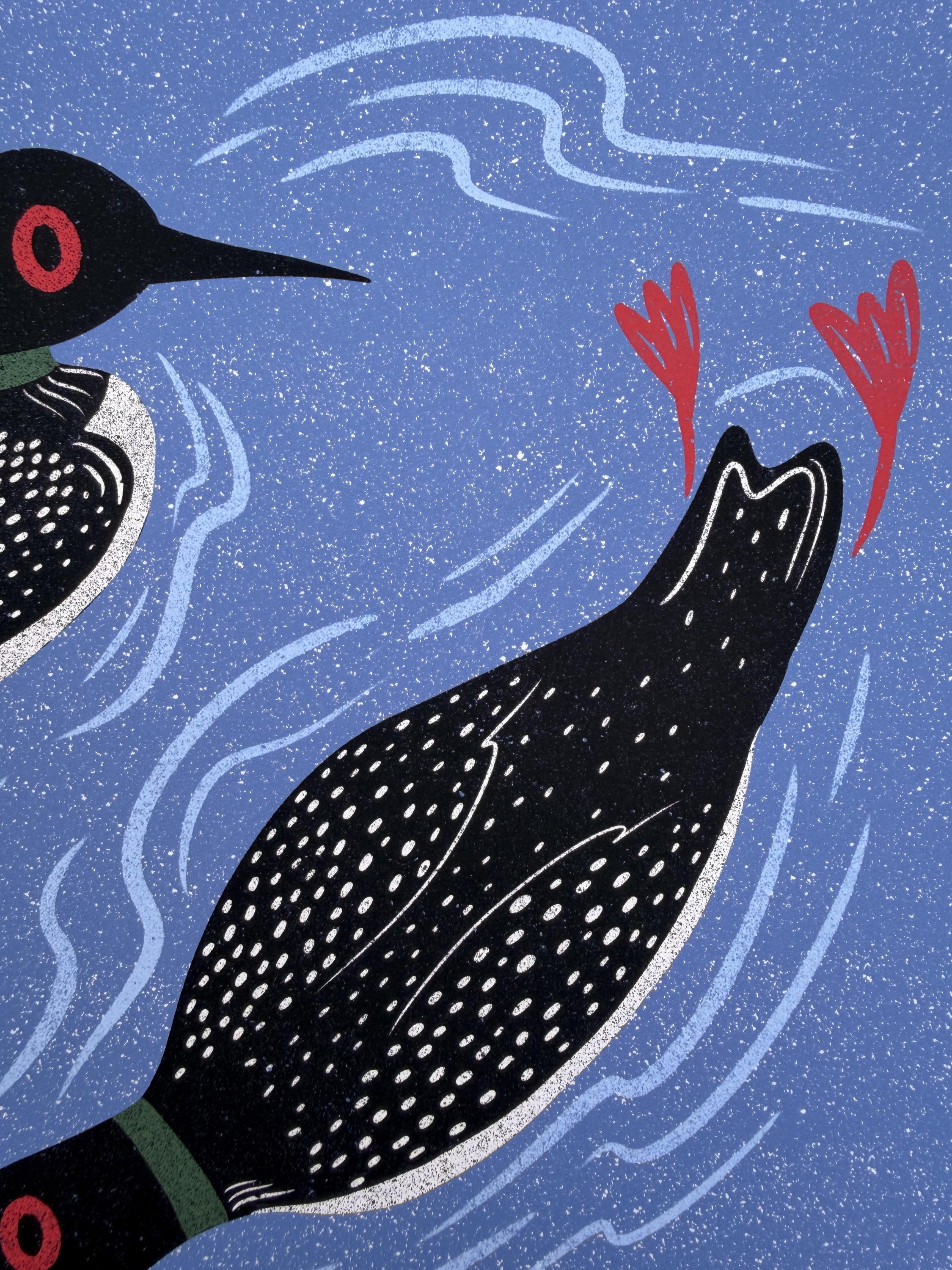 Two Loons Swimming | Linocut Style Bird Art | Lake Bird Print | Modern ...