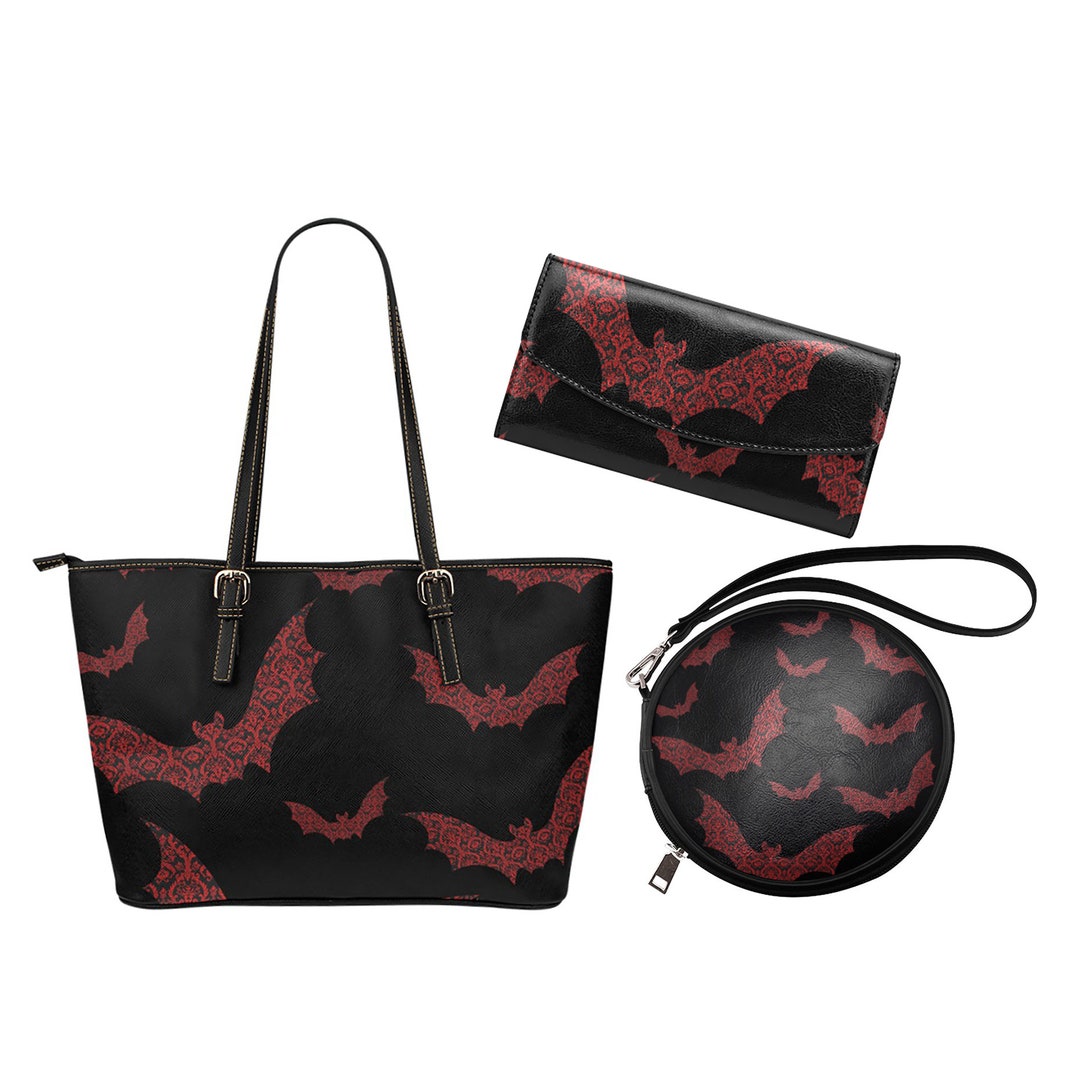 Dark Red Damask Bat Leather Tote Bag | Large Vampire Bats Pocketbook ...