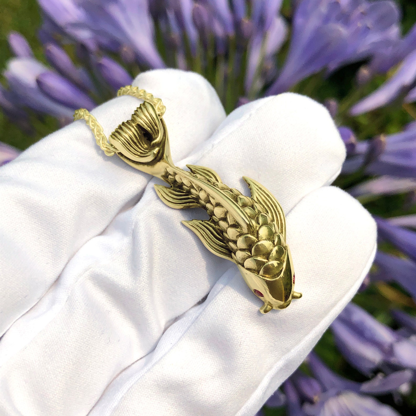 18K Gold Koi Fish Necklace With Ruby or Sapphire Eyes, Chinese Carp ...