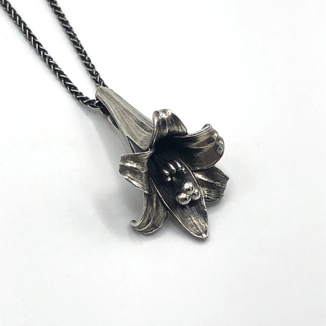 Lily Flower Sterling Silver Necklace, Hand Carved 925 Solid Silver ...
