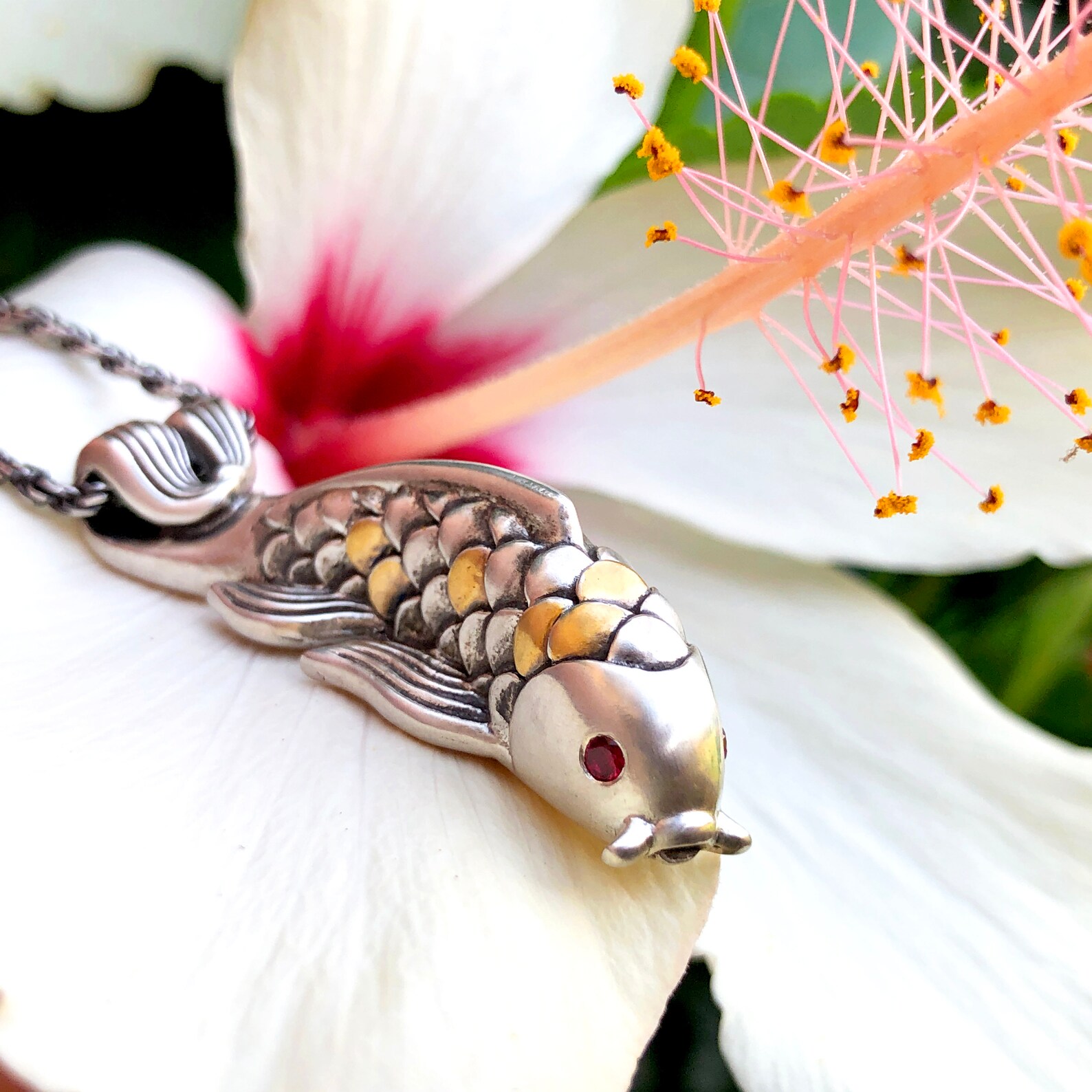 Koi Fish Necklace With 24K Gold Inlay & Ruby Eyes, Sterling Silver ...