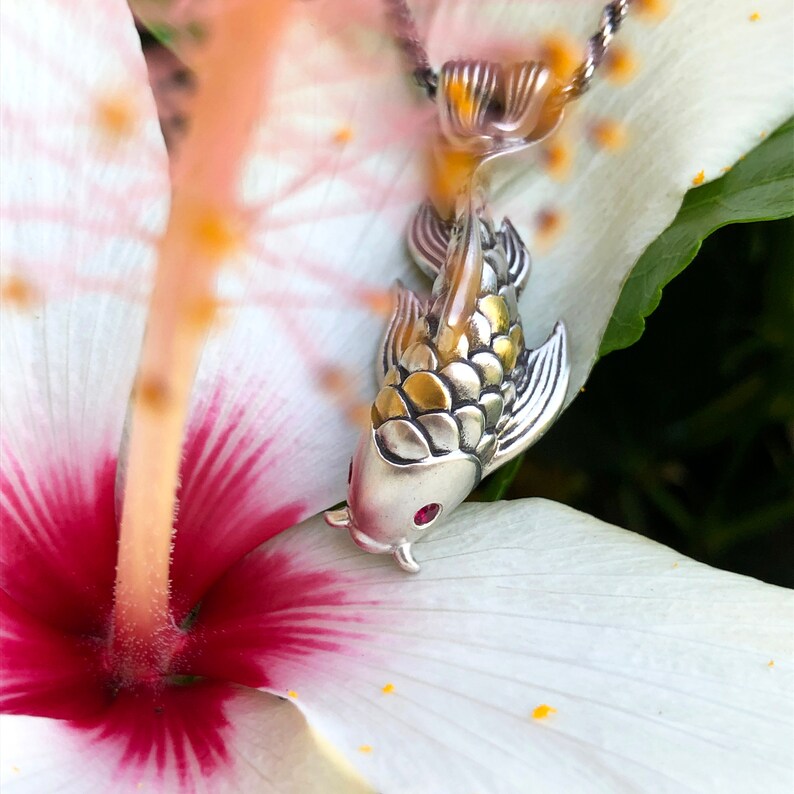 Koi Fish Necklace With 24K Gold Inlay & Ruby Eyes, Sterling Silver ...