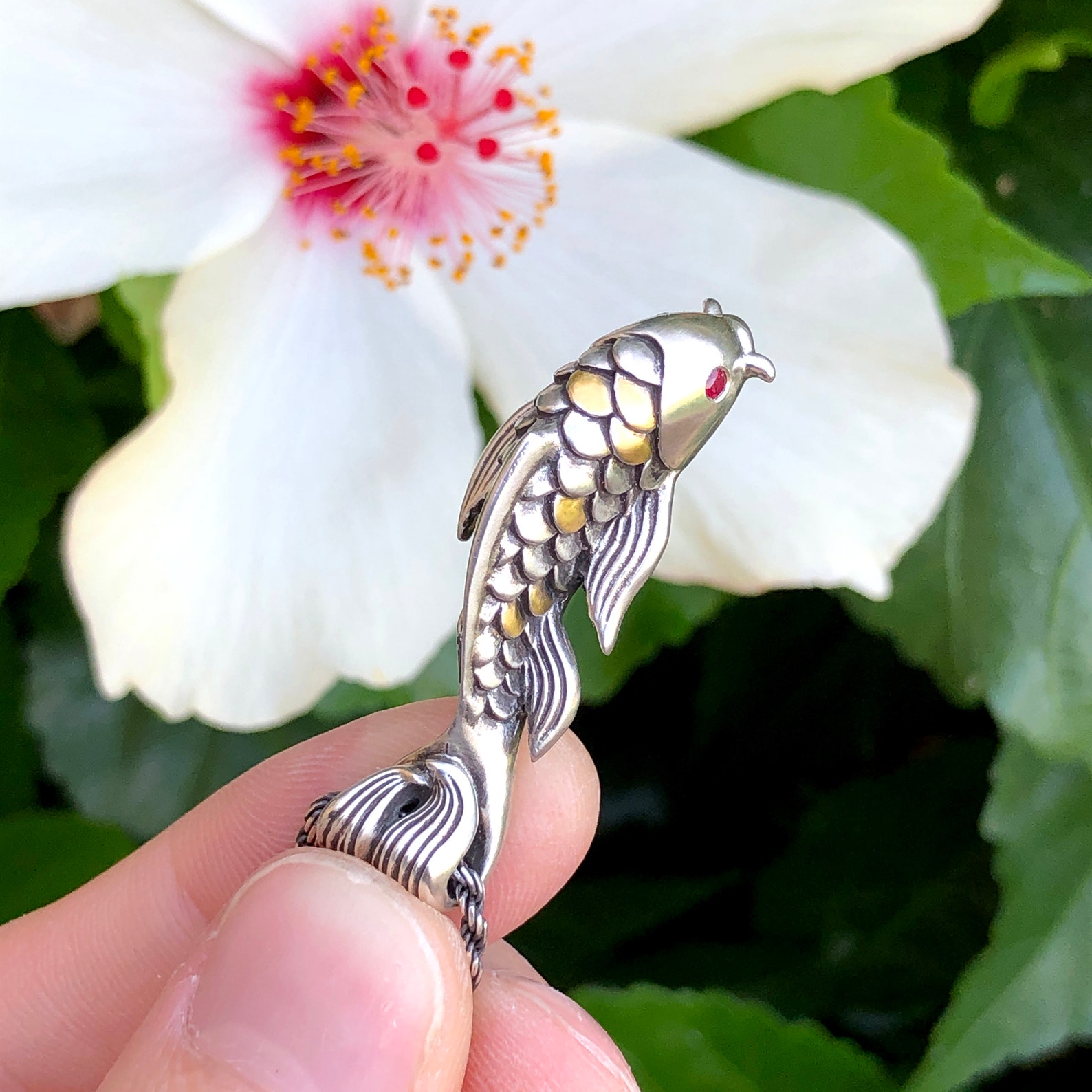 Koi Fish Necklace With 24K Gold Inlay & Ruby Eyes, Sterling Silver ...