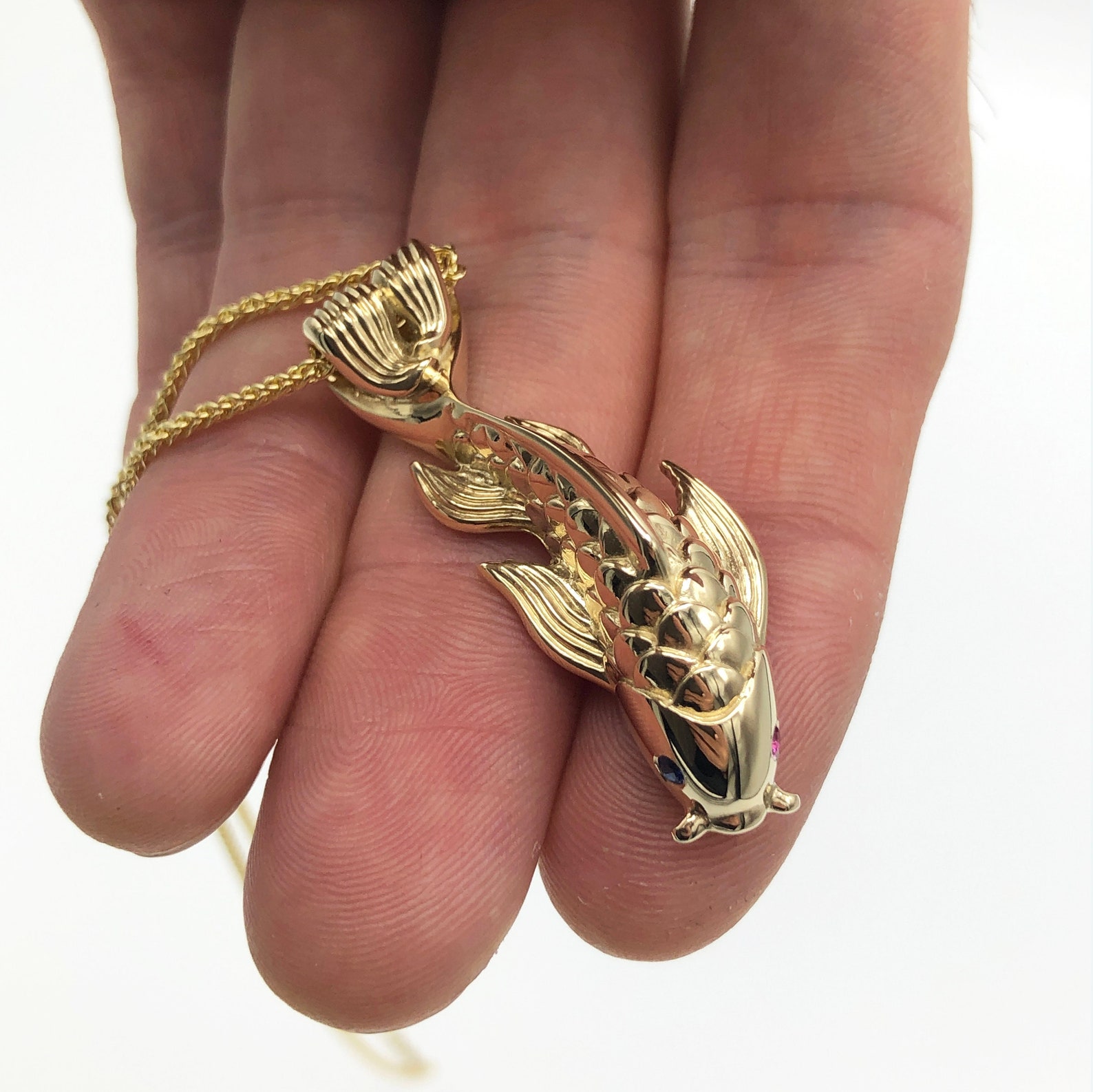 14K Gold Koi Fish Necklace With Ruby or Sapphire Eyes, MADE TO ORDER ...