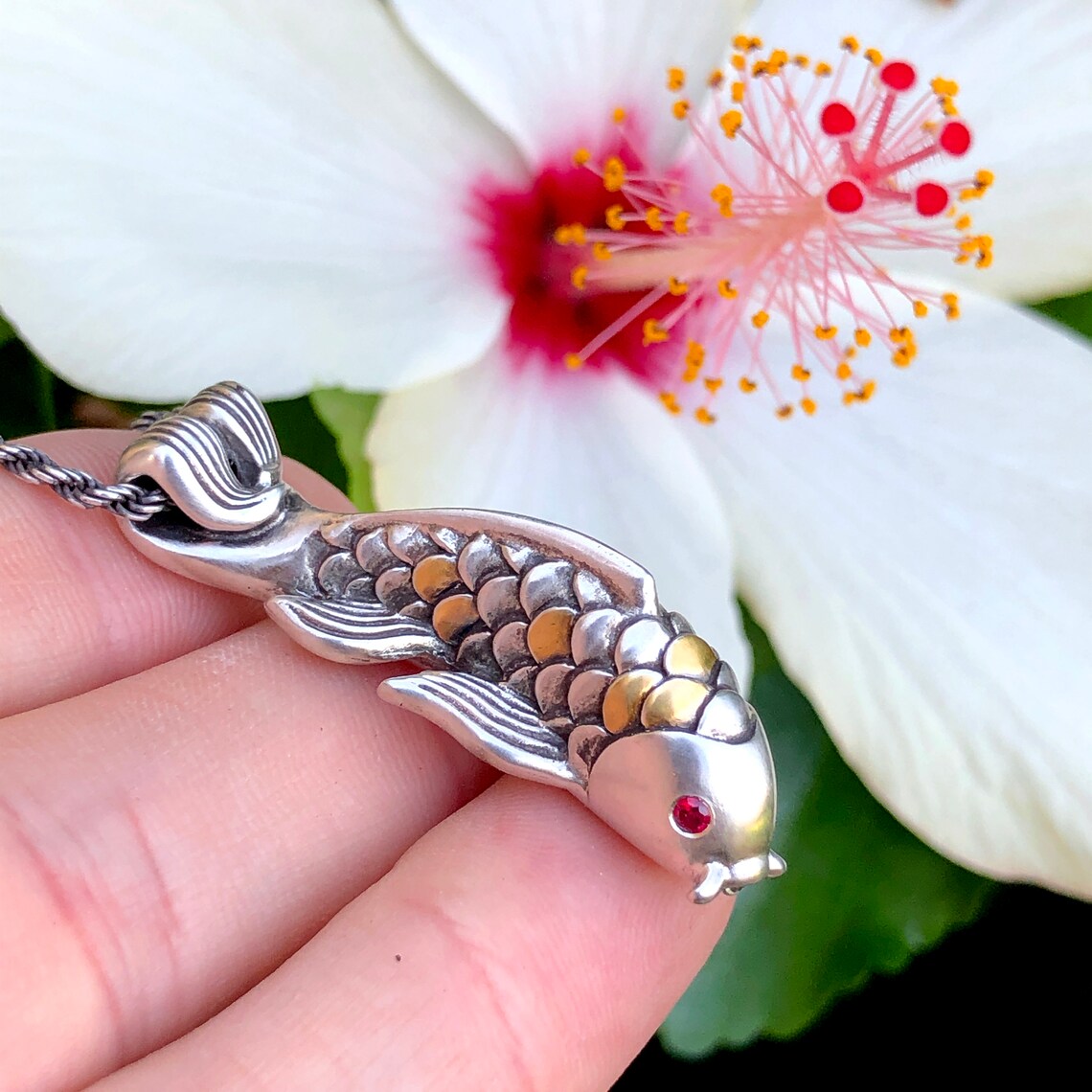 Koi Fish Necklace With 24K Gold Inlay & Ruby Eyes, Sterling Silver ...