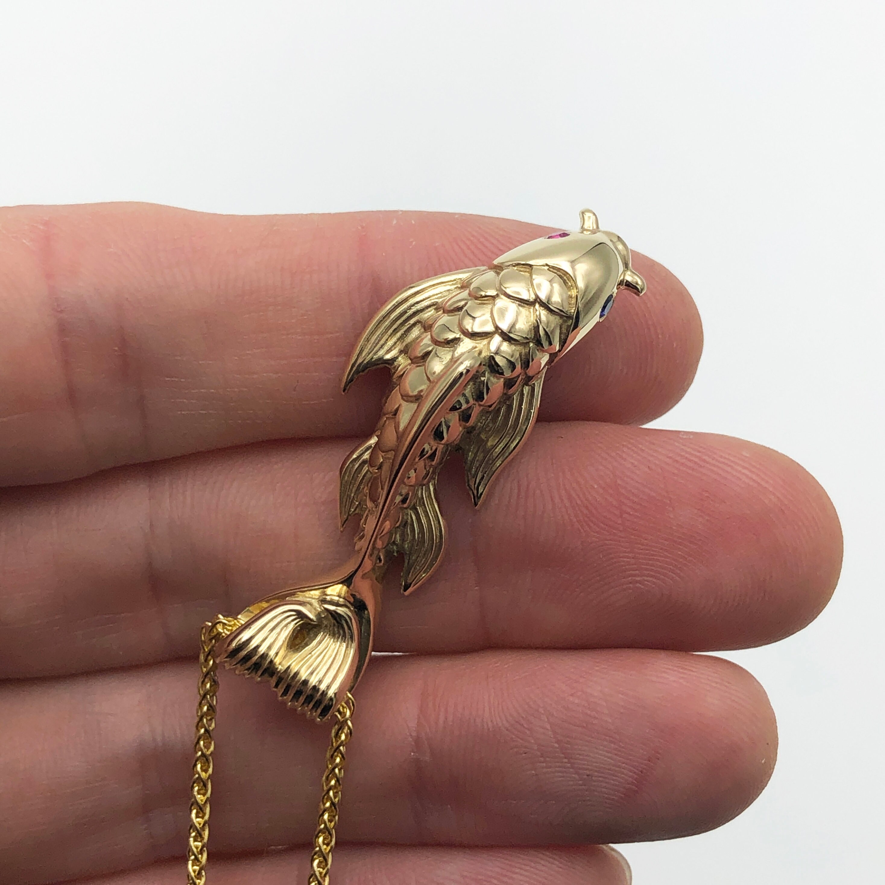 14K Gold Koi Fish Necklace With Ruby or Sapphire Eyes, MADE TO ORDER ...