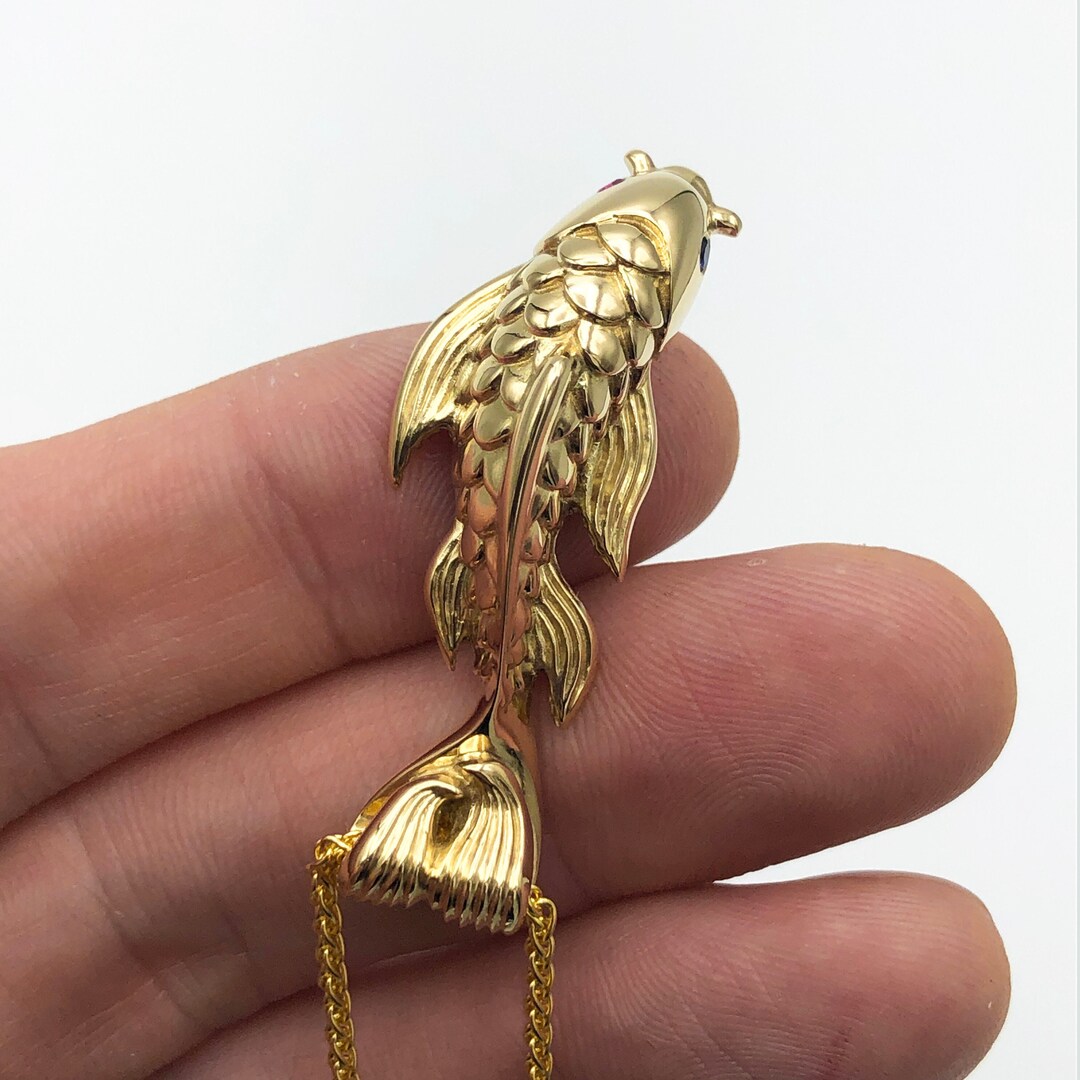 18K Gold Koi Fish Necklace With Ruby or Sapphire Eyes, Chinese Carp ...