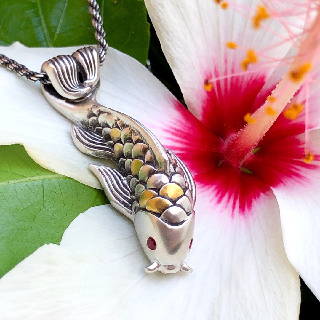 Koi Fish Necklace With 24K Gold Inlay Scales and Ruby Eyes, Sterling ...