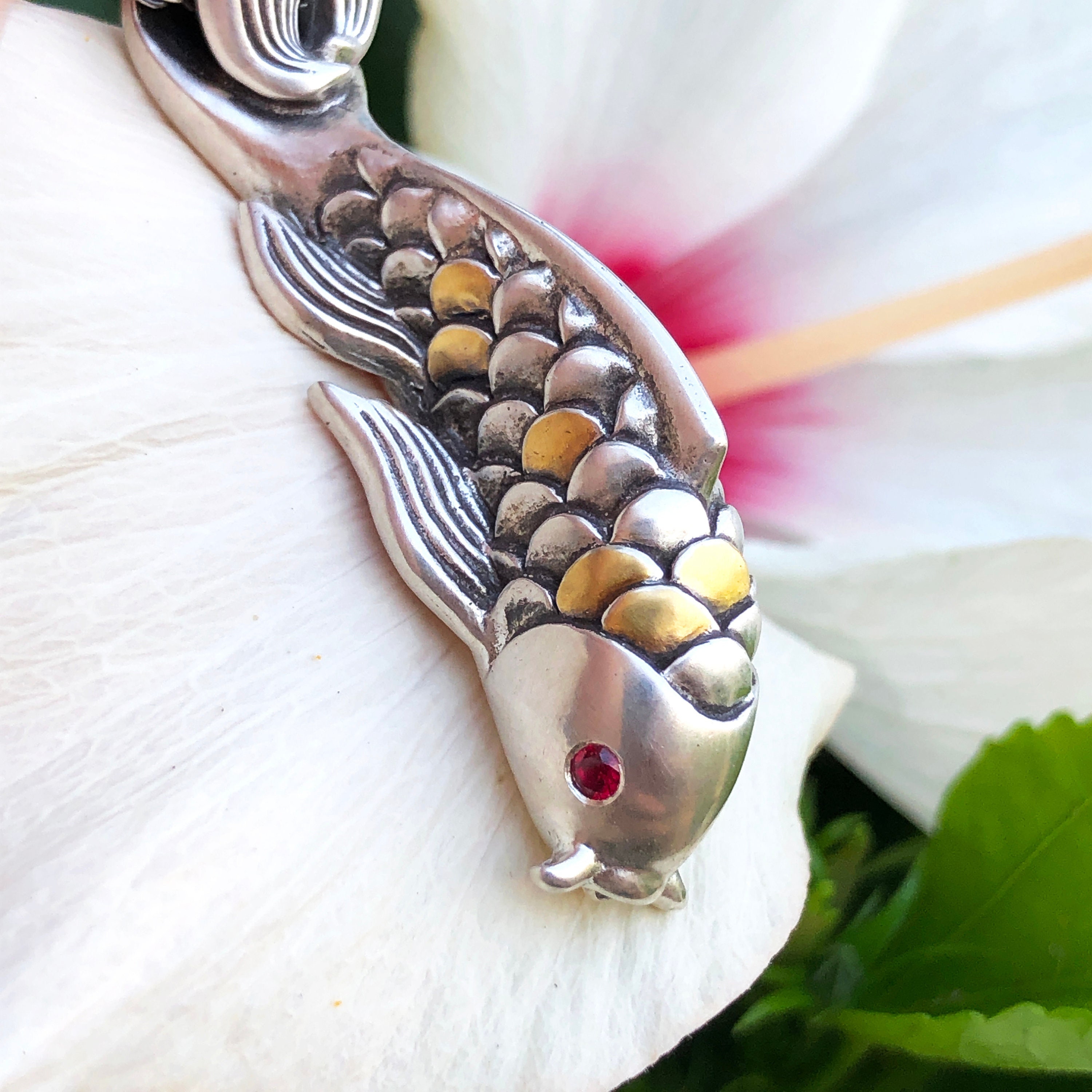 Koi Fish Necklace With 24K Gold Inlay & Ruby Eyes, Sterling Silver ...