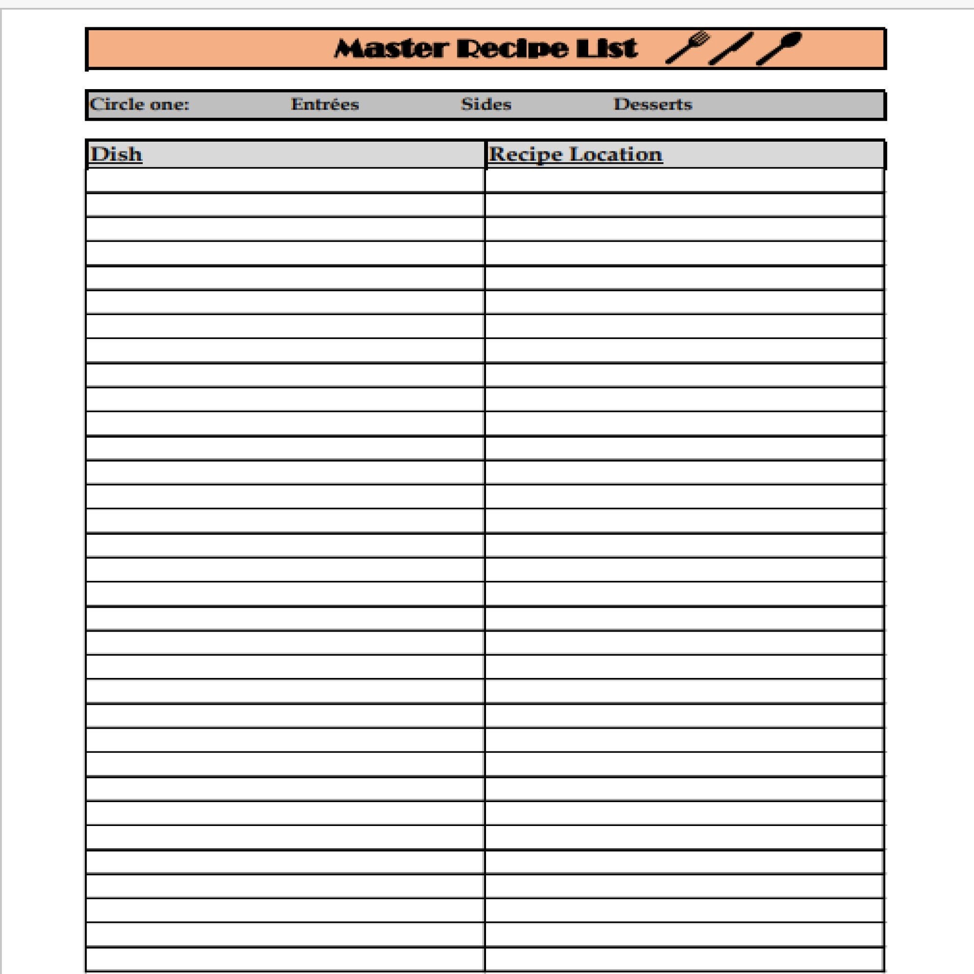 Printable Master Meal List | Etsy